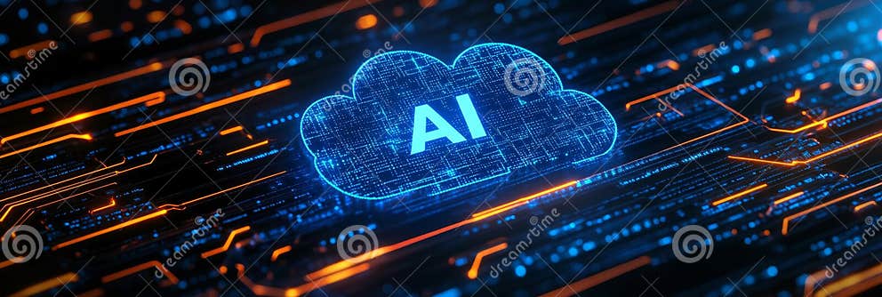 Blue Glowing AI Cloud Over Circuit Board Artificial Intelligence and Cloud Computing Concept ...