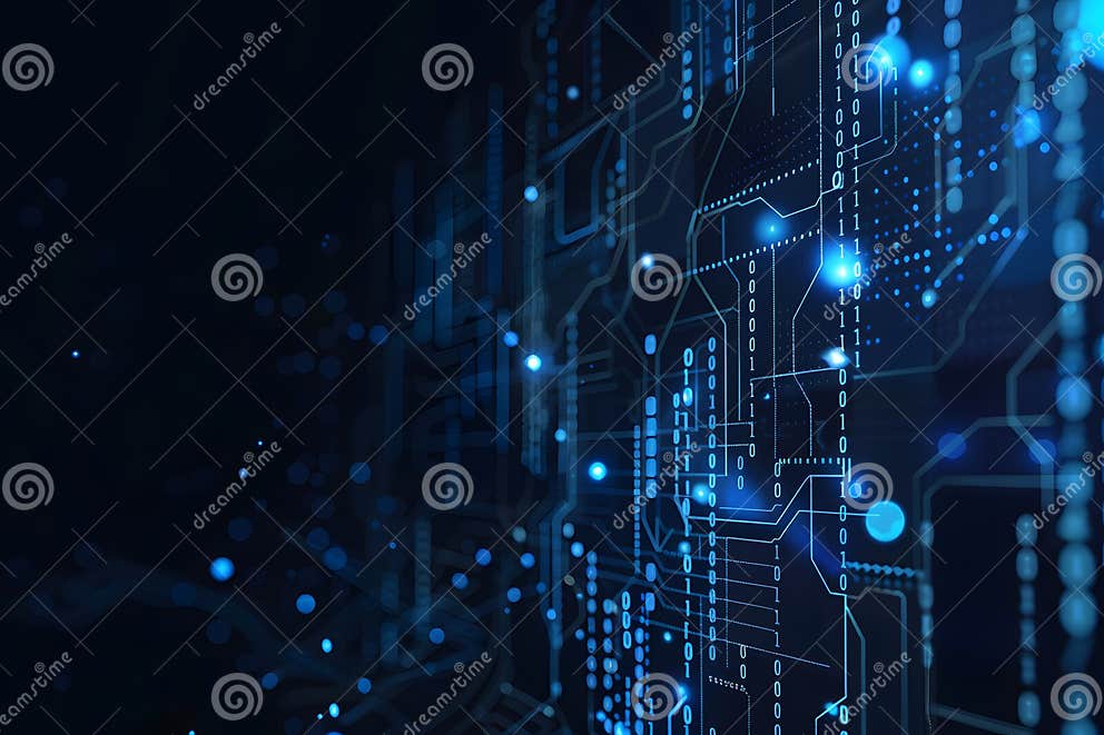 Blue Glowing Binary Code and Circuit Board on Dark Background - AI Generated Stock Illustration ...