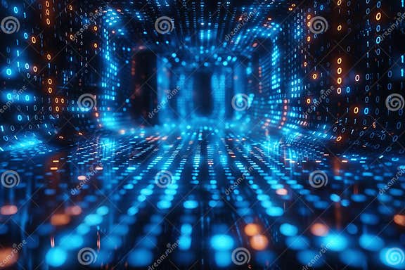 Blue Glowing Binary Code Digital Background with Computer Data Flow ...