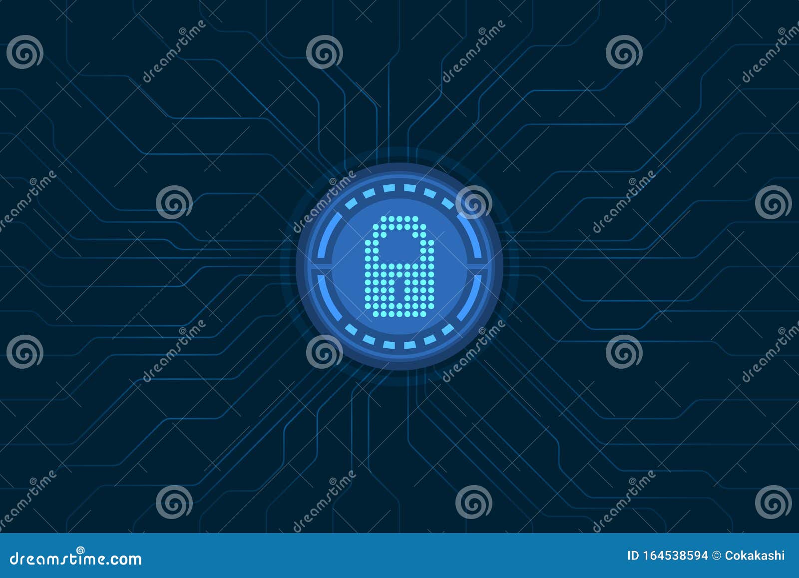 Blue Glowing Circuit Board Background with Digital Lock on Center ...