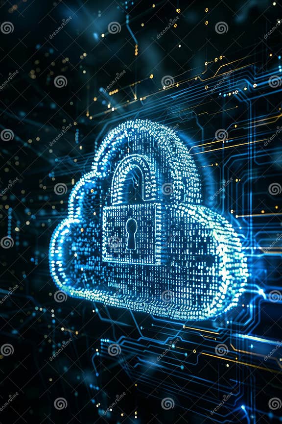 Blue Glowing Cloud Computing Security Concept with Padlock Symbol on Circuit Board Background ...