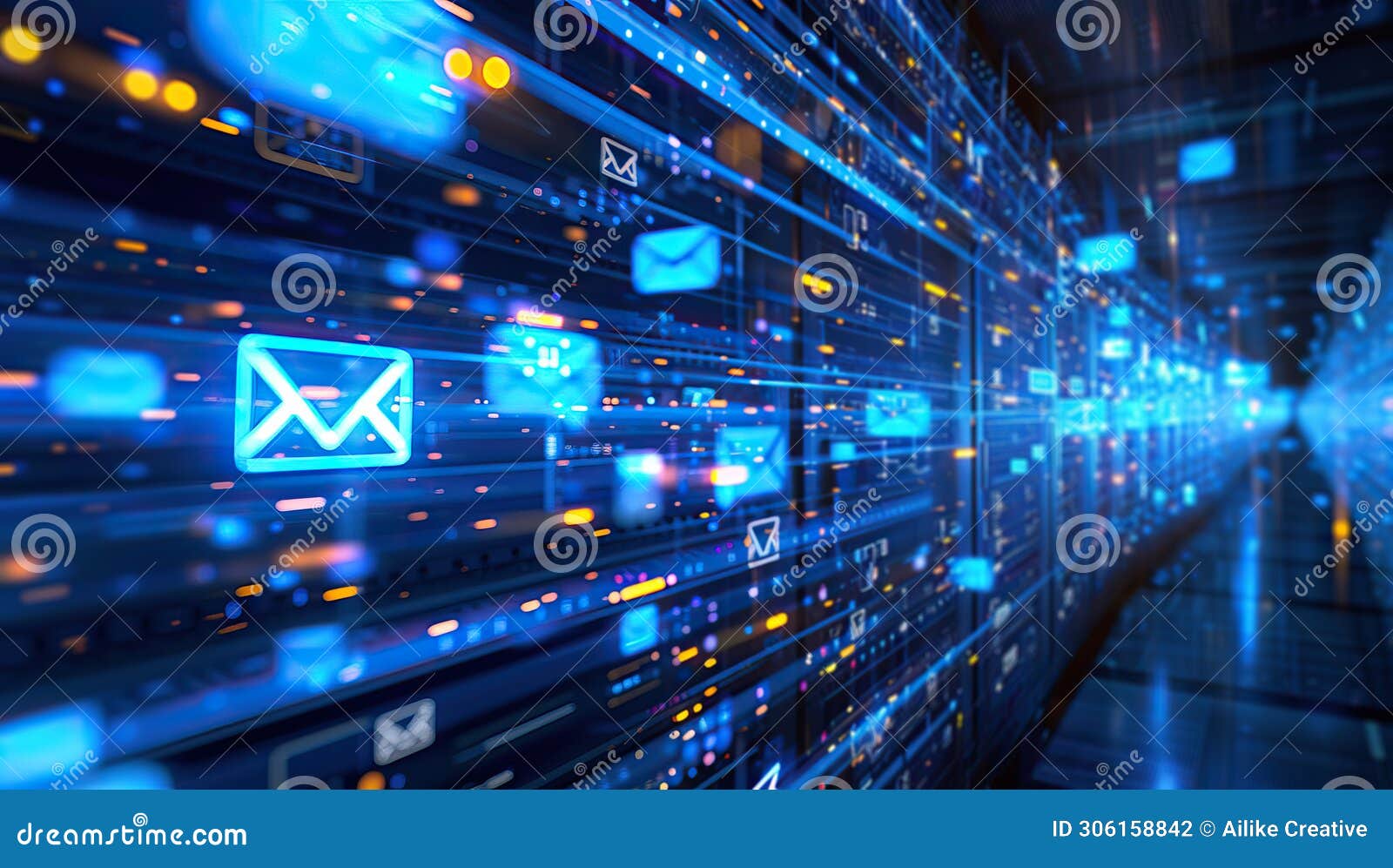 Blue Glowing Email Icons on Server Room Background. Internet and ...