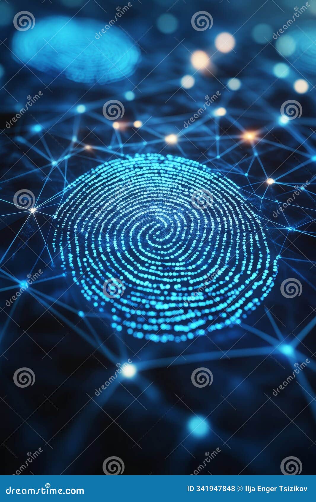 Blue Glowing Fingerprint on a Dark Background with Connecting Lines and ...