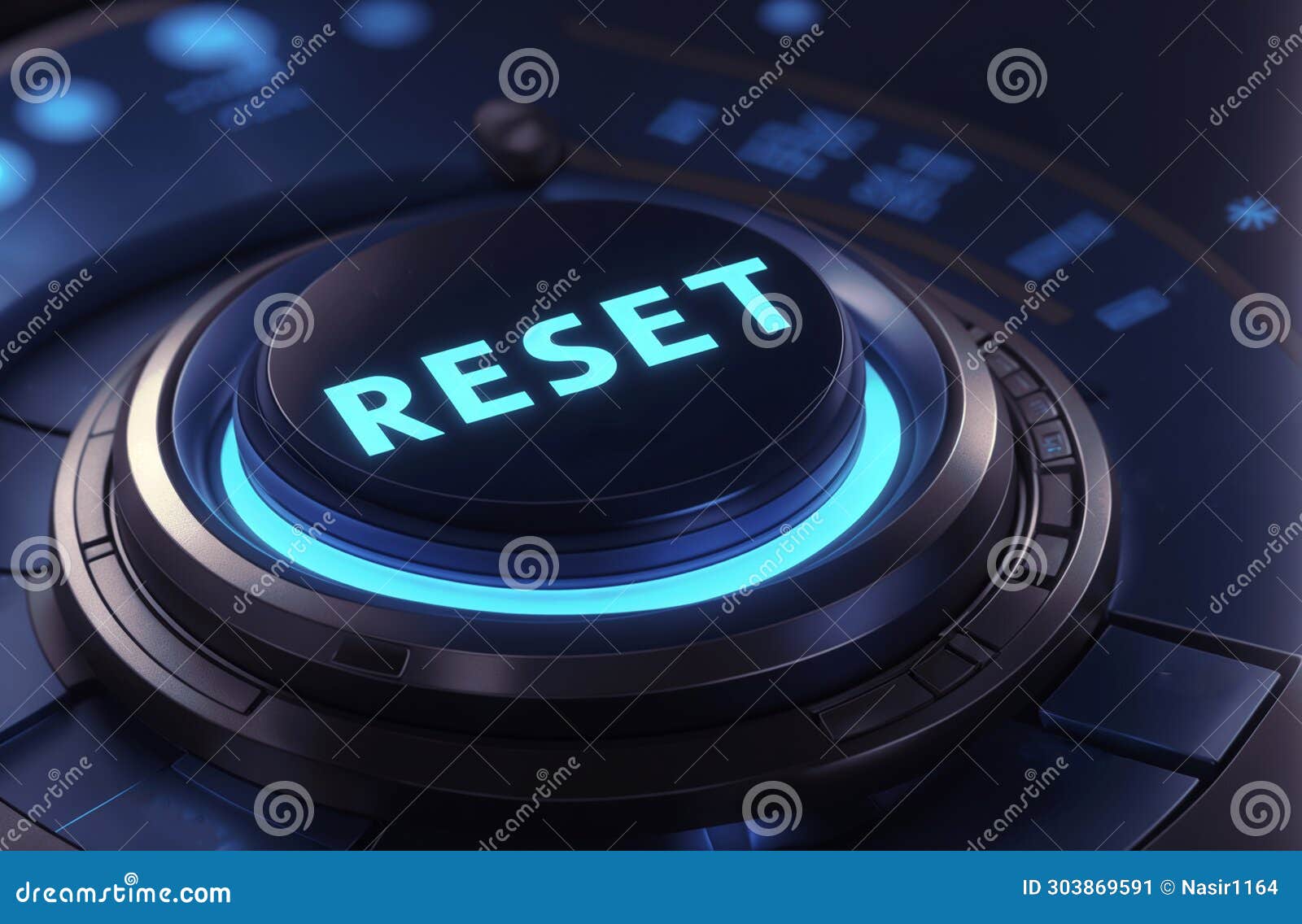 Blue Glowing Initiation Start Button with the Text Word RESET in a 3d ...