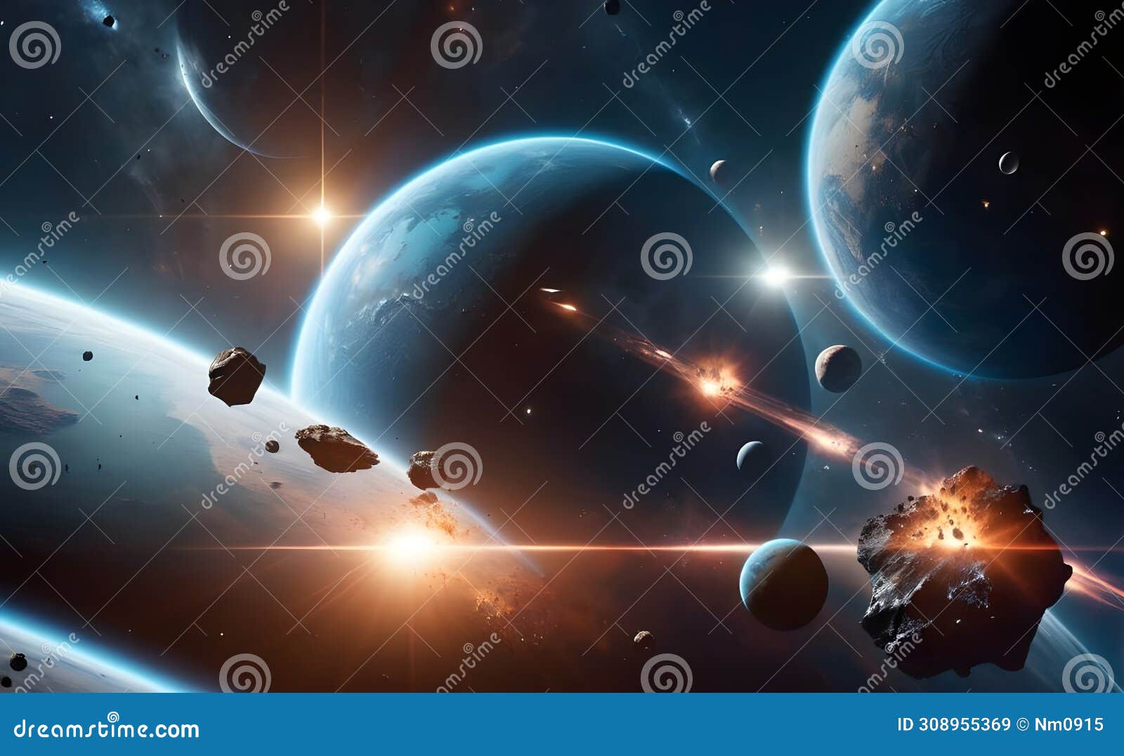 Blue Glowing Planet with a Nebulae and Asteroids in Space with Warm ...