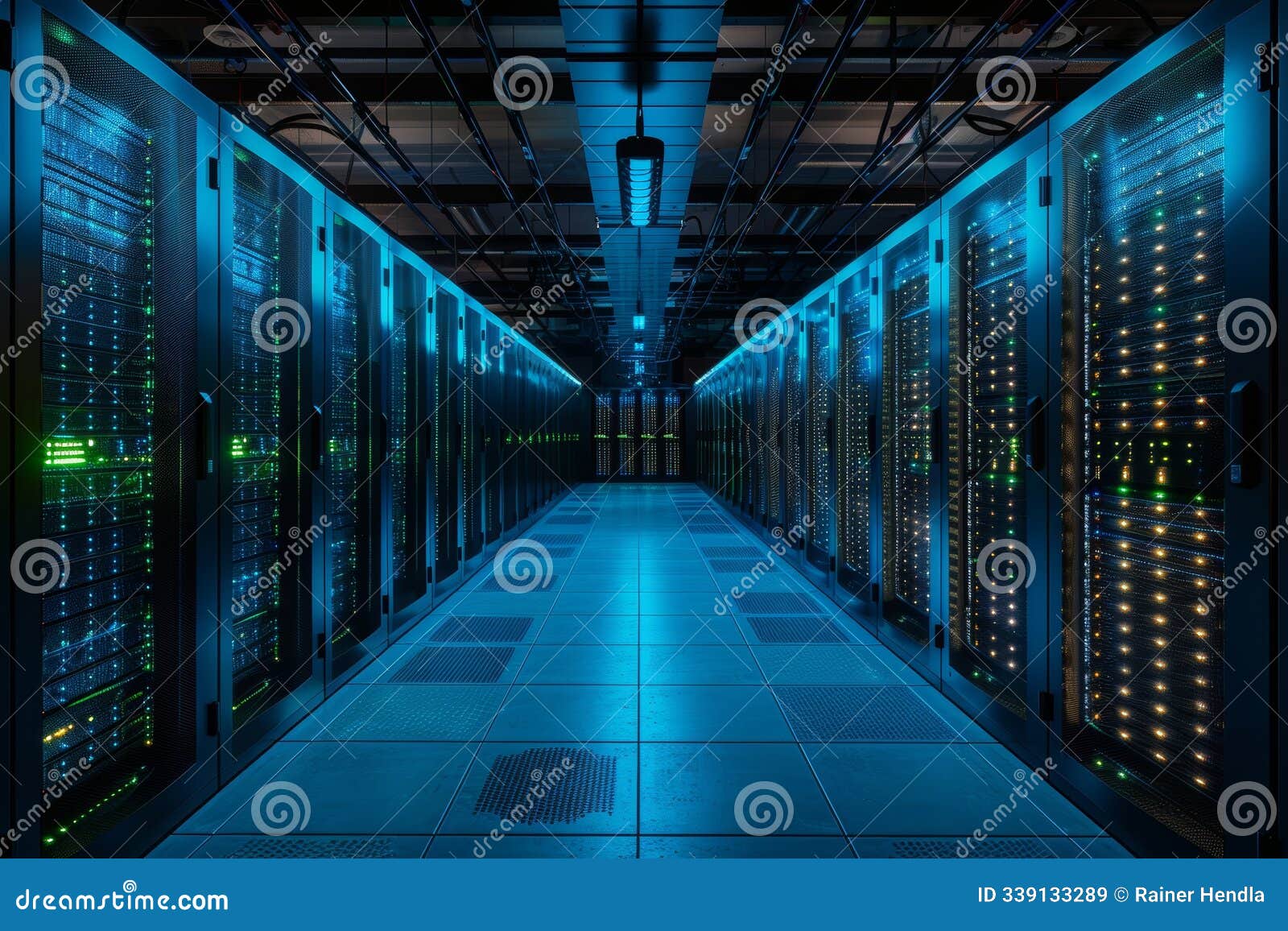 Blue Glowing Server Room with Rows of Server Racks Stock Image - Image ...