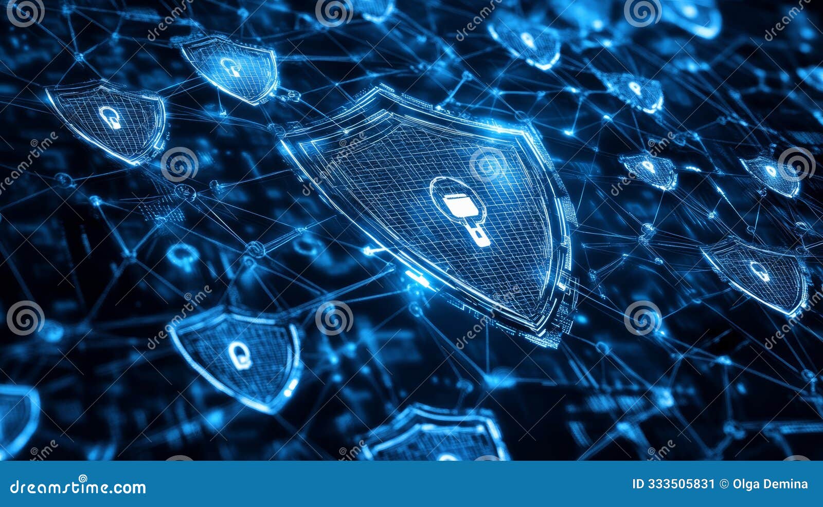 Blue Glowing Shields with Lock Icons Interconnected in a Digital ...