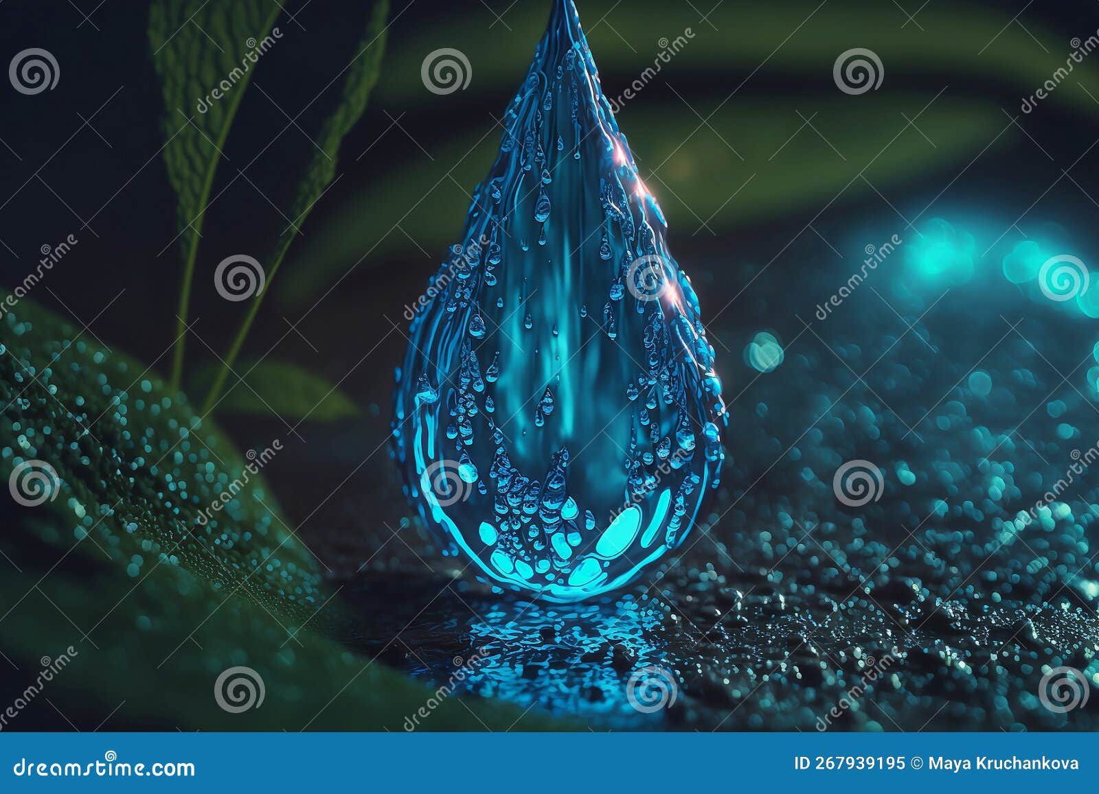Blue Glowing Water Drop on Dark Blue Background Stock Illustration ...