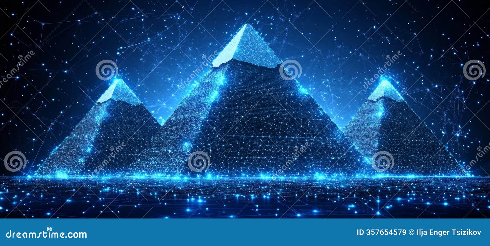 Blue Glowing Wireframe Pyramids of Giza Digital Network with Glowing ...