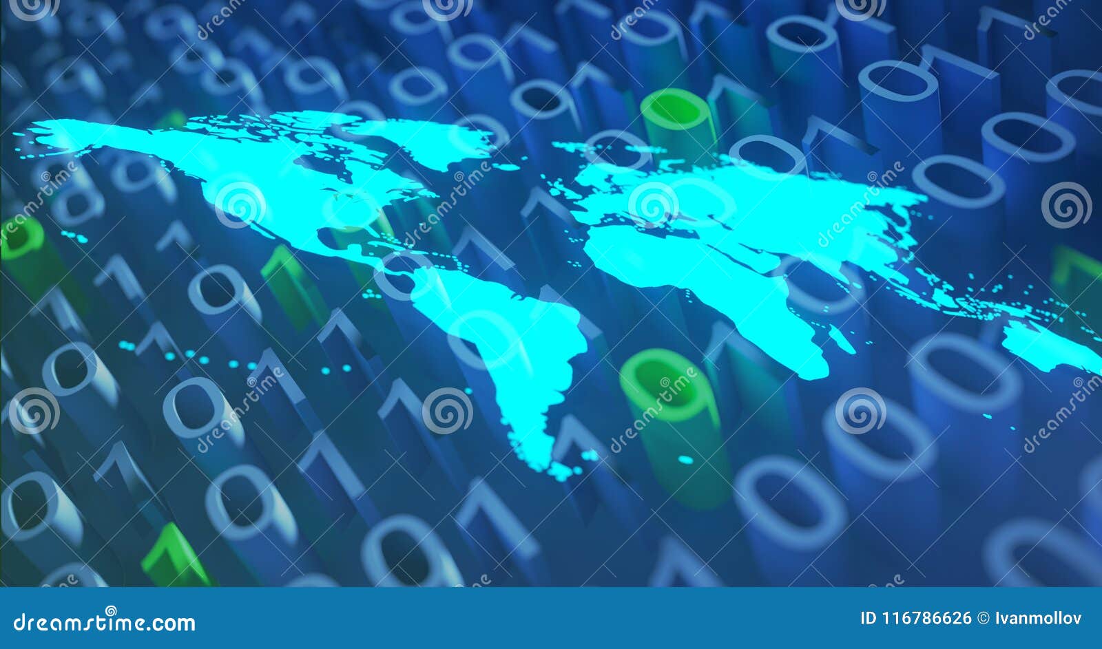 Blue Glowing World Map on Binary Background.3D Rendering Stock ...