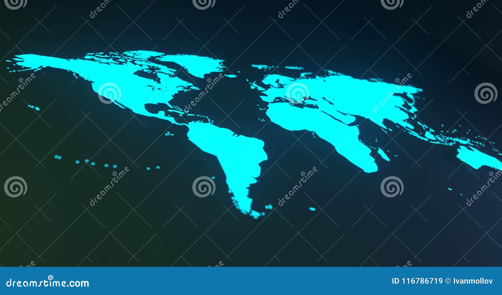 Blue Glowing World Map on Blurry Background.3D Rendering Stock ...
