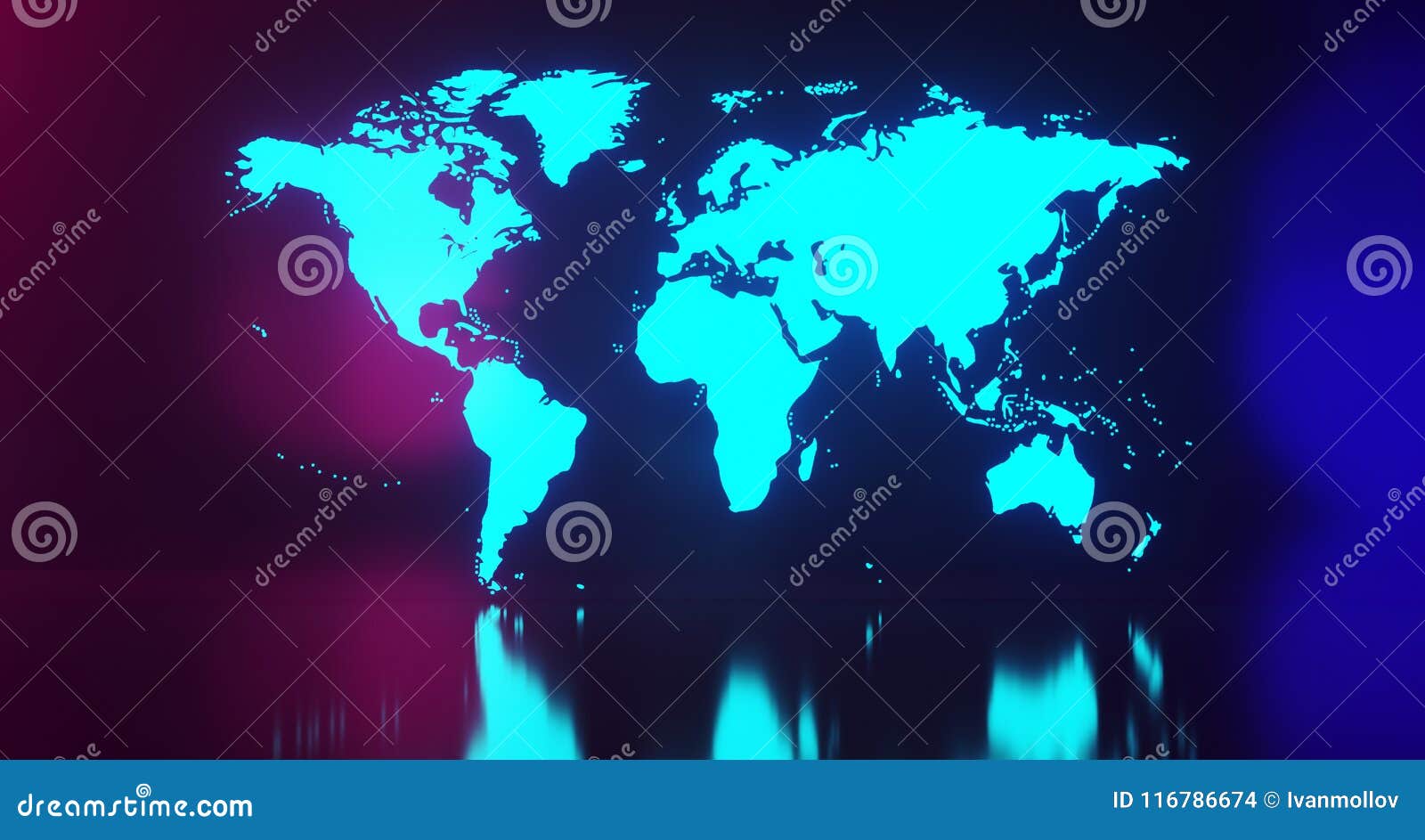 Blue Glowing World Map on Blurry Background.3D Rendering Stock ...