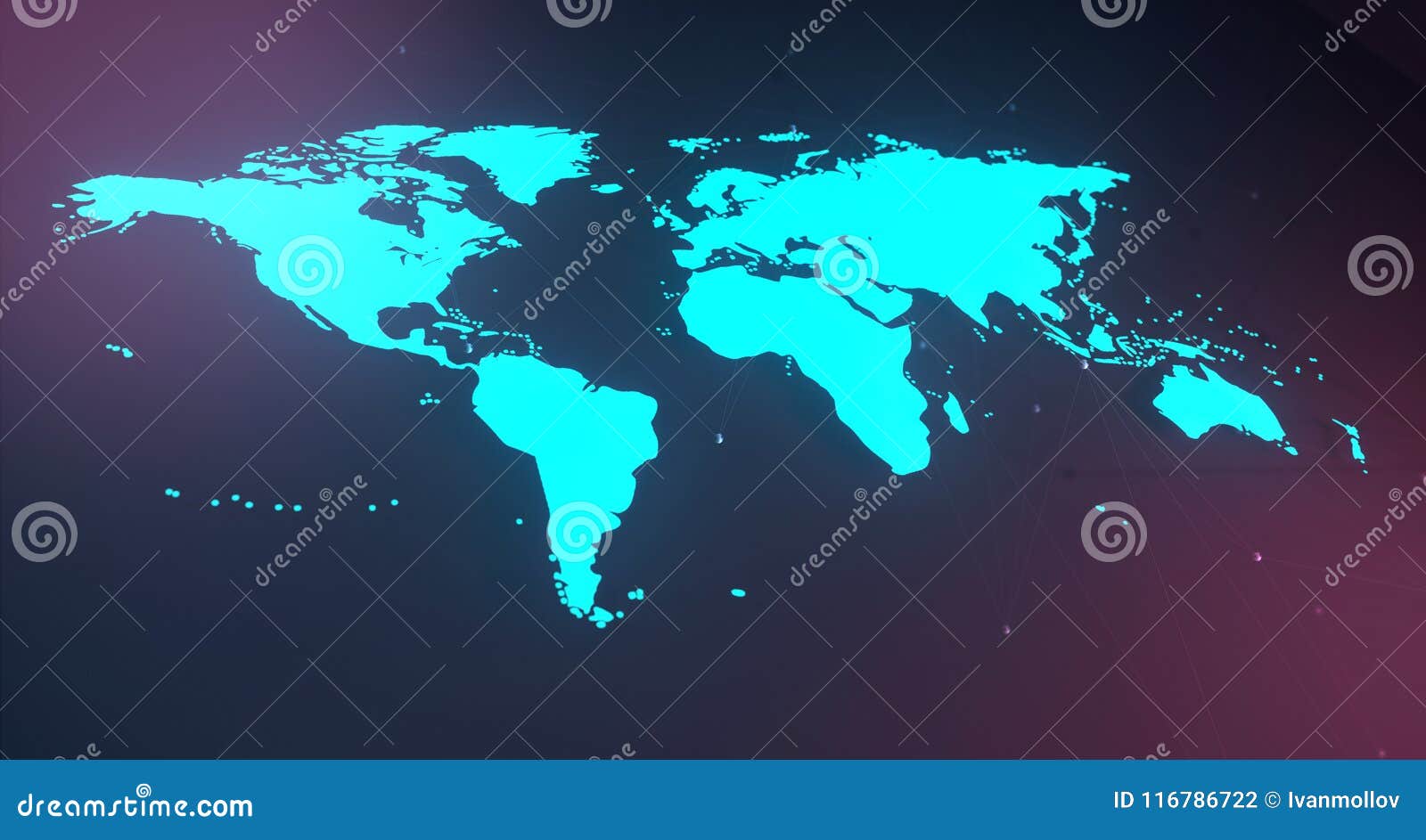 Blue Glowing World Map on Blurry Background.3D Rendering Stock ...
