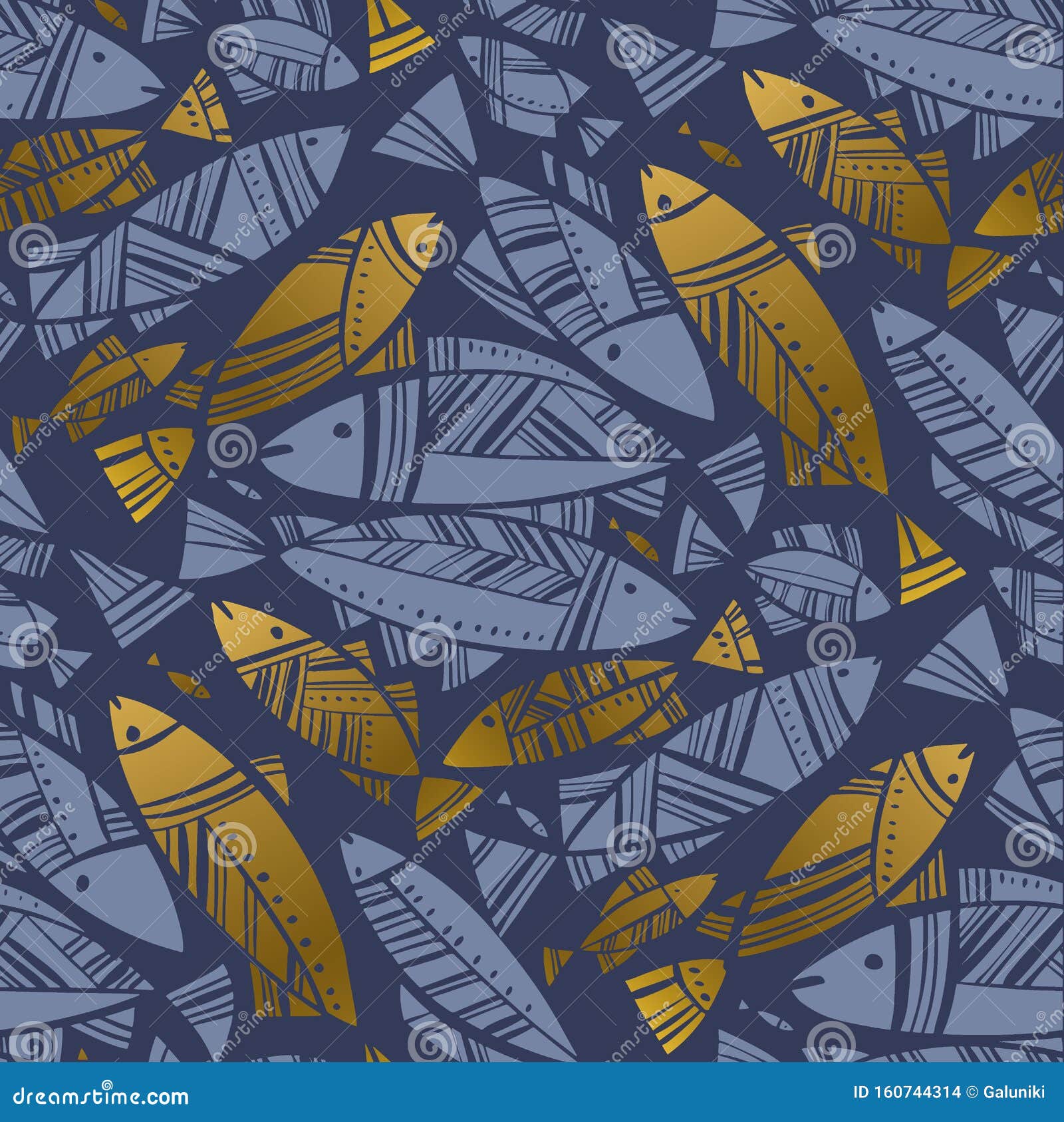 Blue and Gold Abstract Herring or Cod Seamless Pattern Stock Vector ...