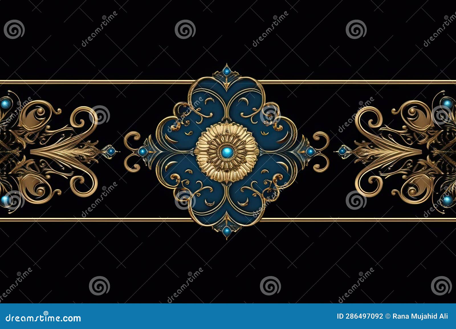 A Blue and Gold Background with a Border with Gold and Turquoise Beads ...