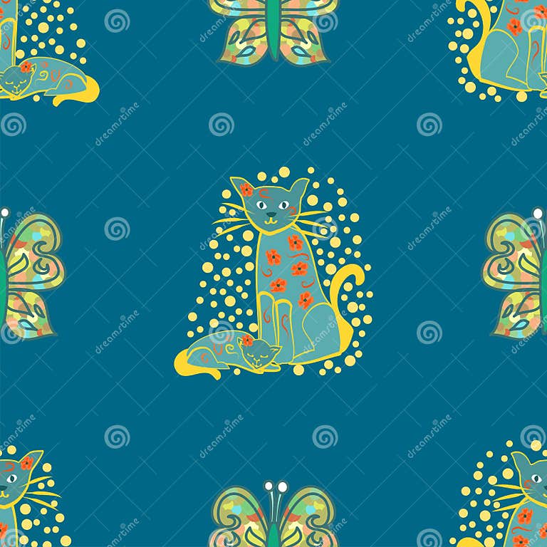 Blue and Gold Cats Decorative Vector Seamless Repeat Pattern Stock ...