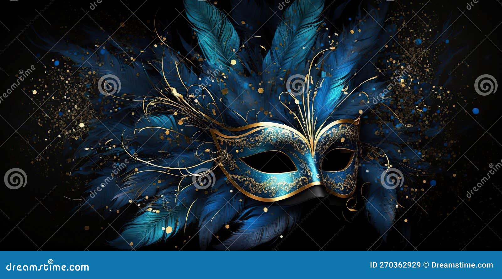 Blue And Gold Color Combination Feathery Masquerade Mask Generative Ai
