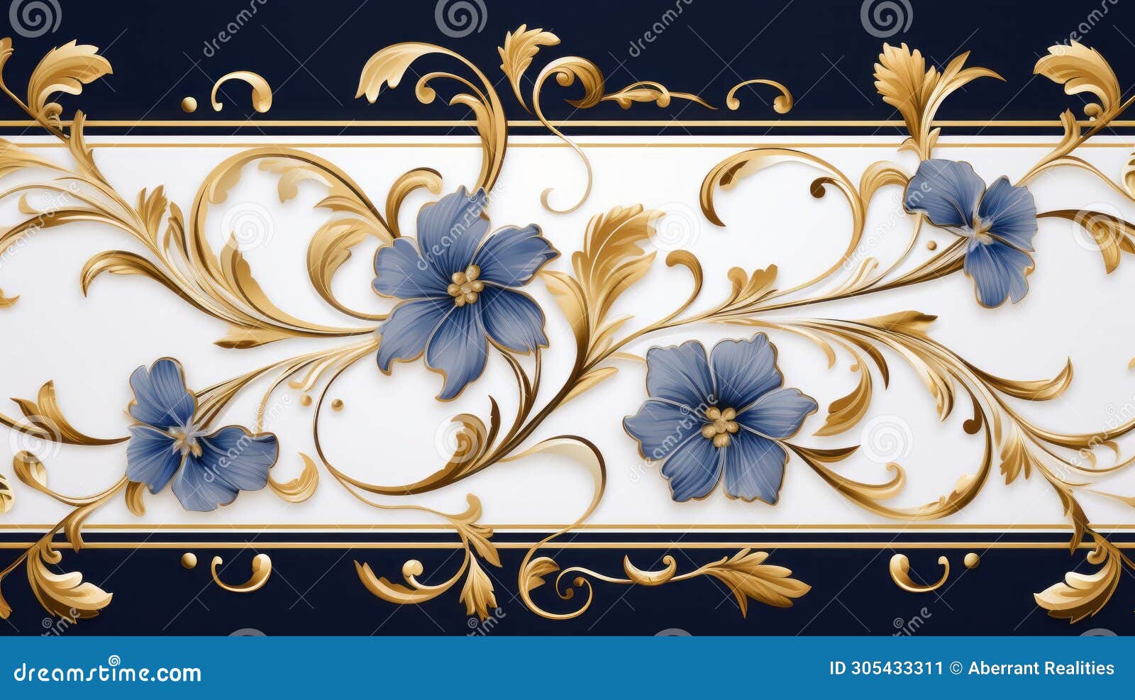A Blue and Gold Floral Design on a Black and White Background Stock ...