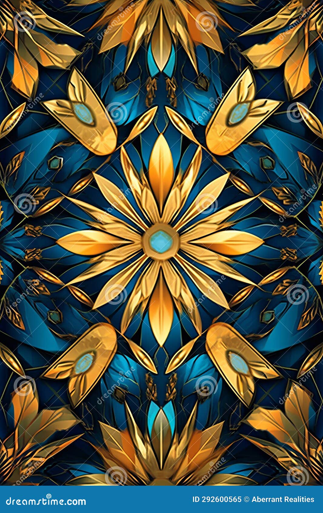 A Blue and Gold Floral Pattern on a Black Background Stock Illustration ...