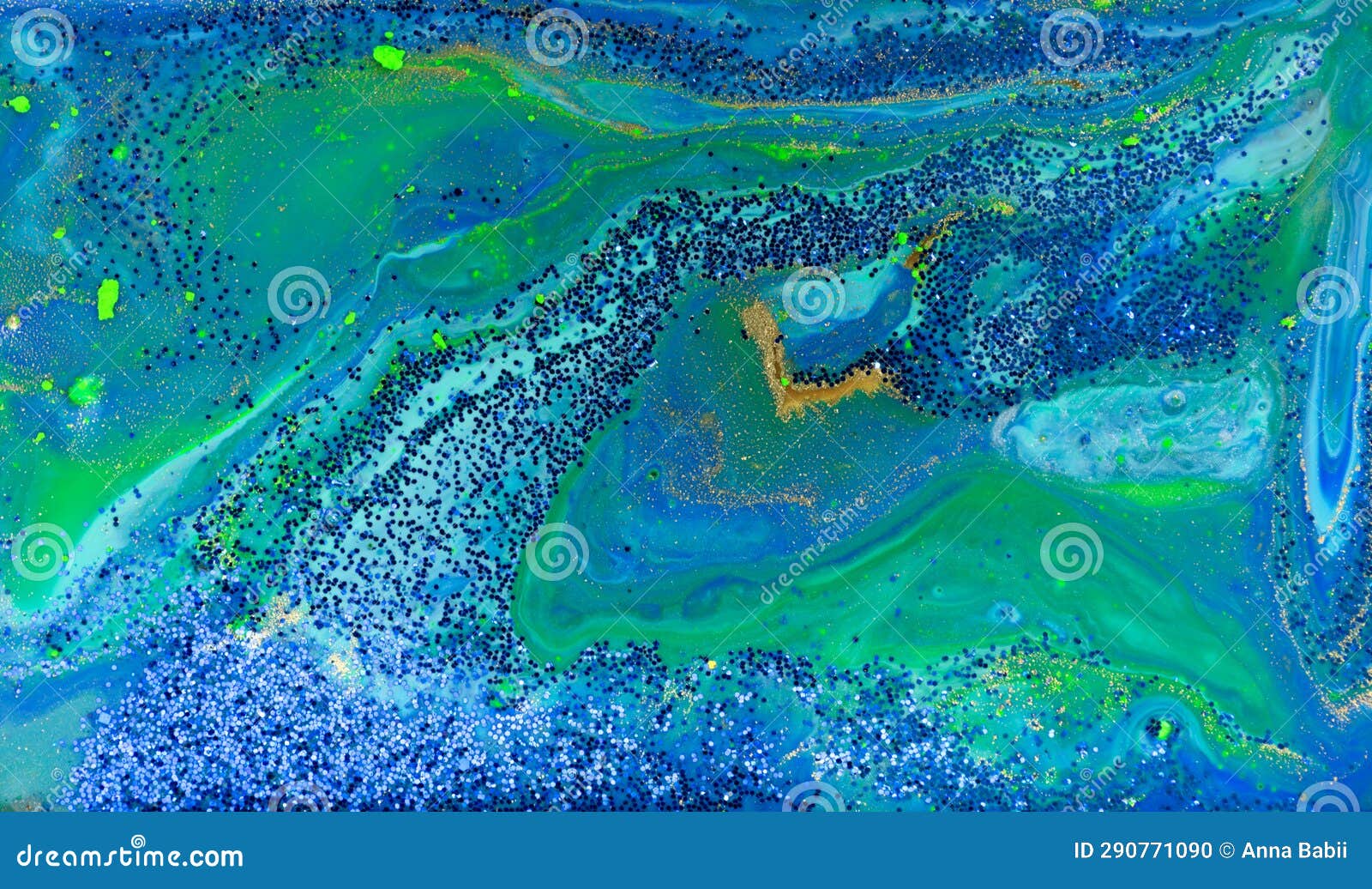 Blue and Gold Glitter on Liquid Blue Ink Background. Stock Photo ...