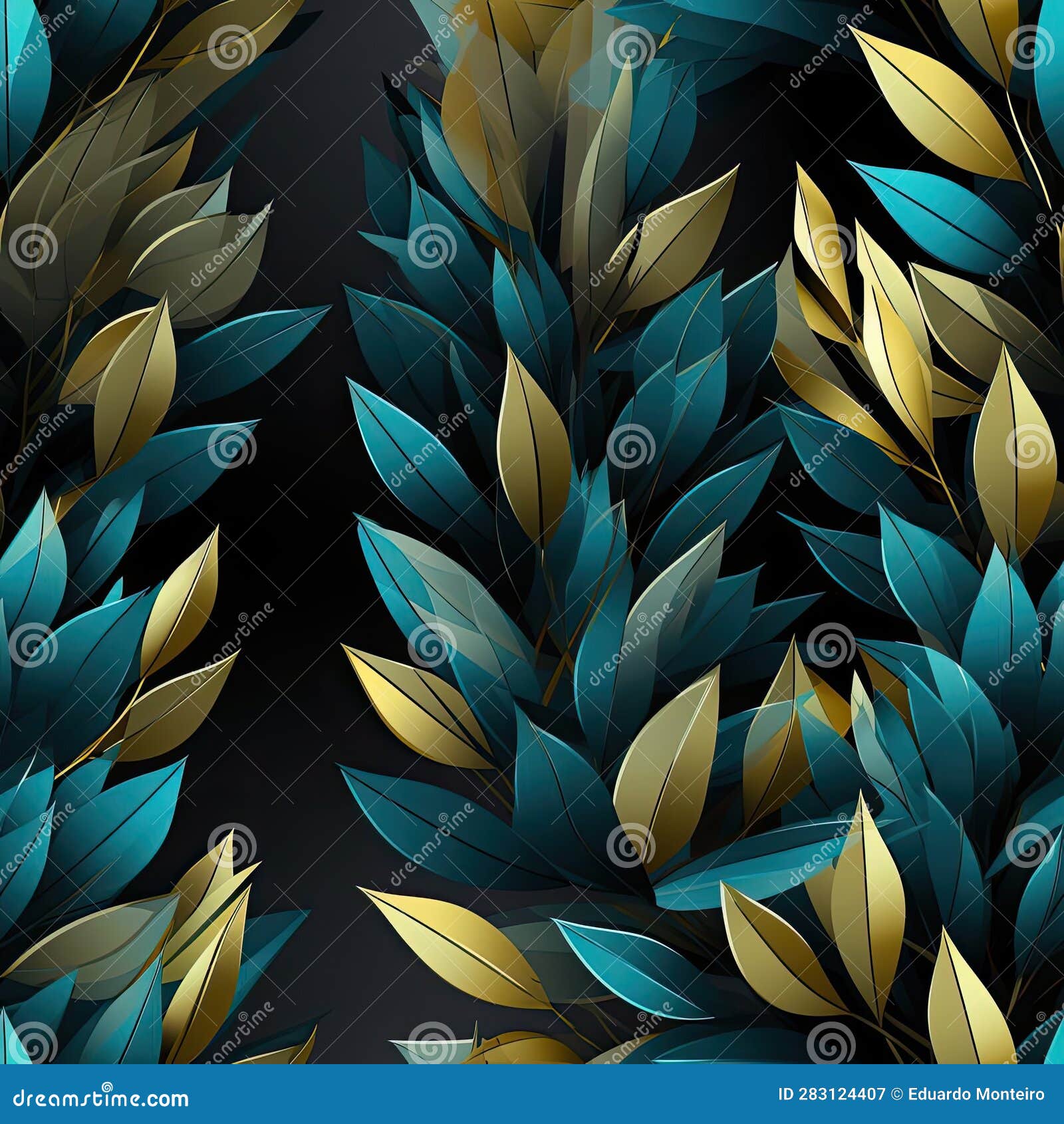 Blue and Gold Leaves Seamless Pattern with a Black Background and ...