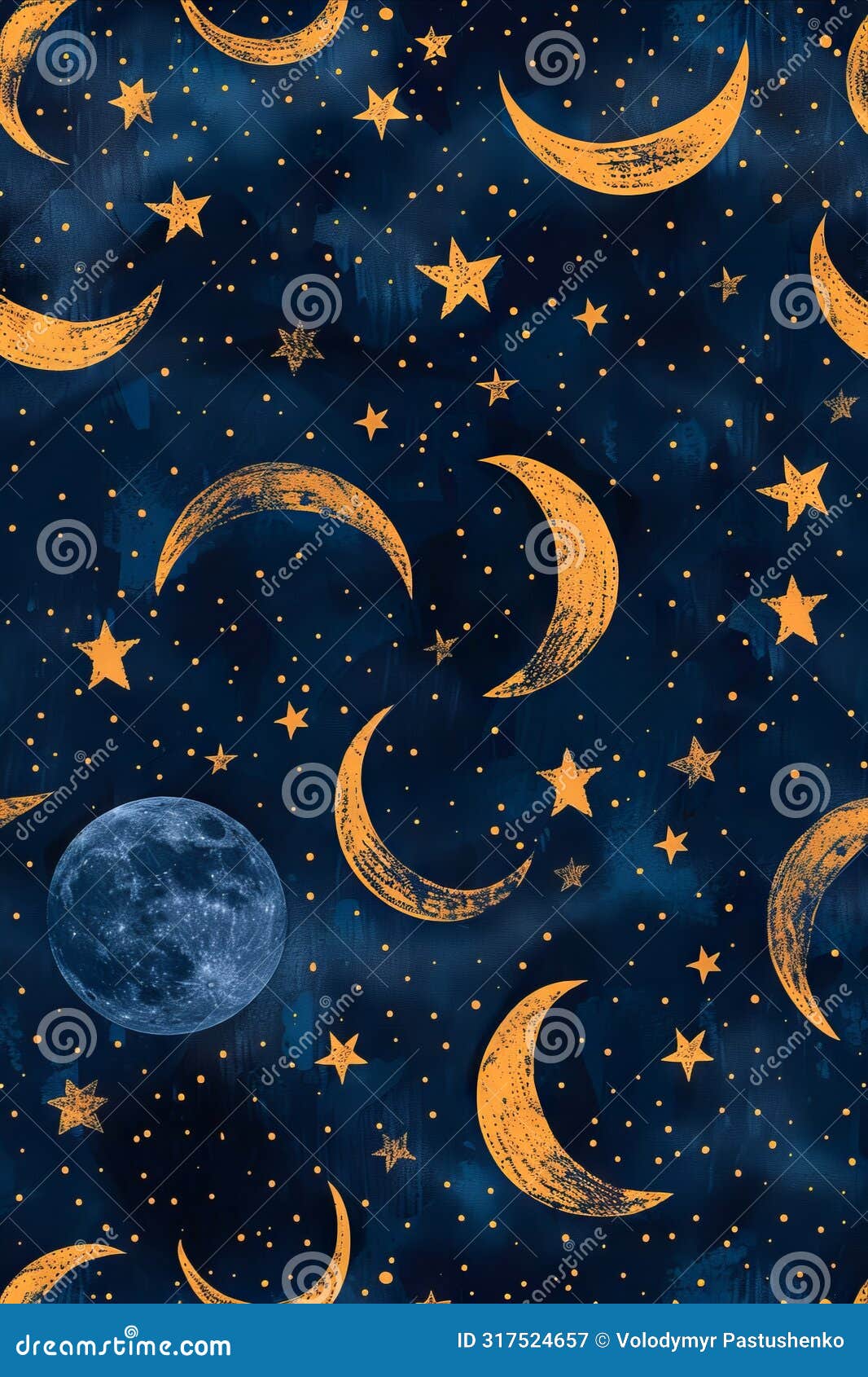 A Blue and Gold Moon and Stars Pattern Stock Image - Image of generated ...