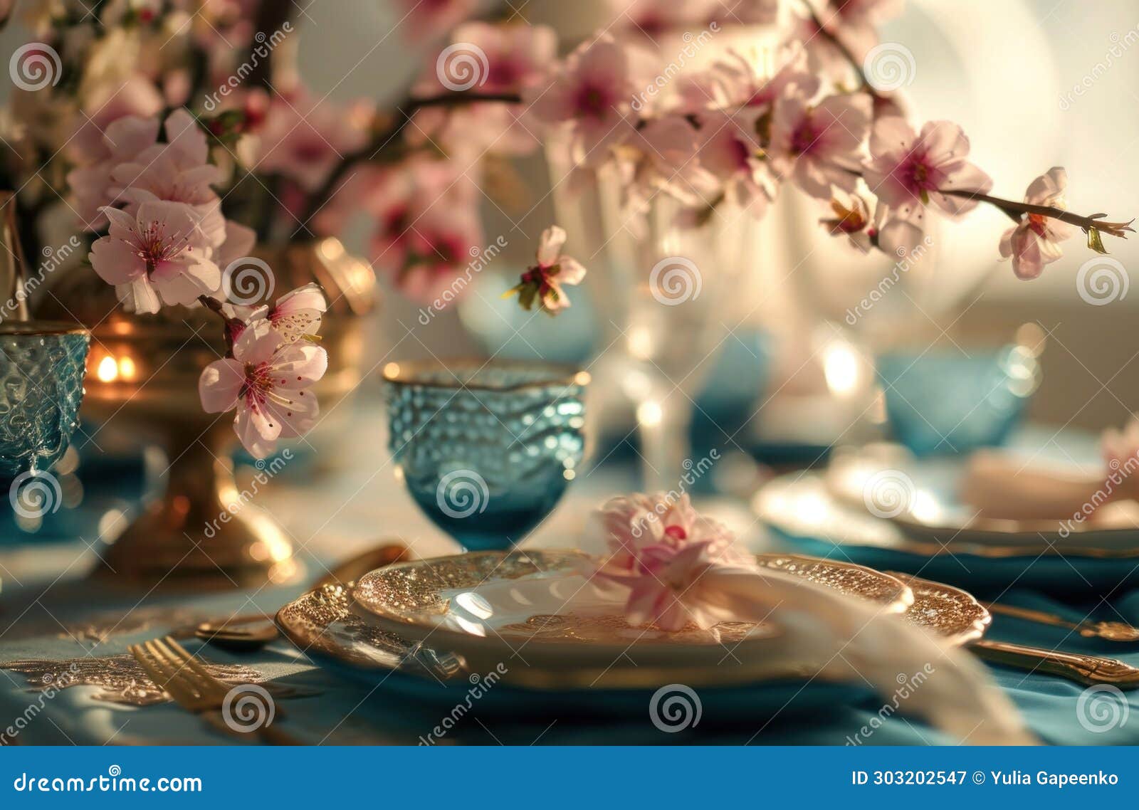 Blue, Gold, and Pink Table Setting Stock Illustration - Illustration of ...
