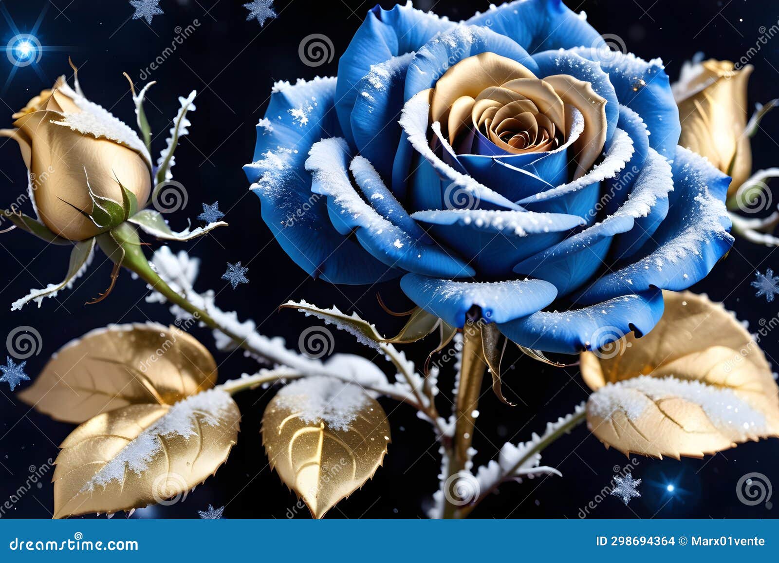 Blue and Gold Rose Snowy in the Night Stock Illustration - Illustration ...