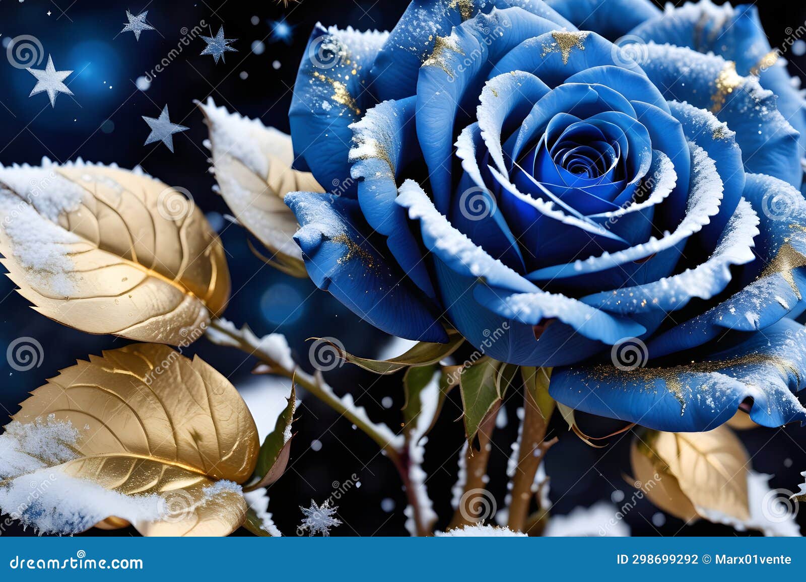 Blue and Gold Rose Snowy in the Night Stock Illustration - Illustration ...
