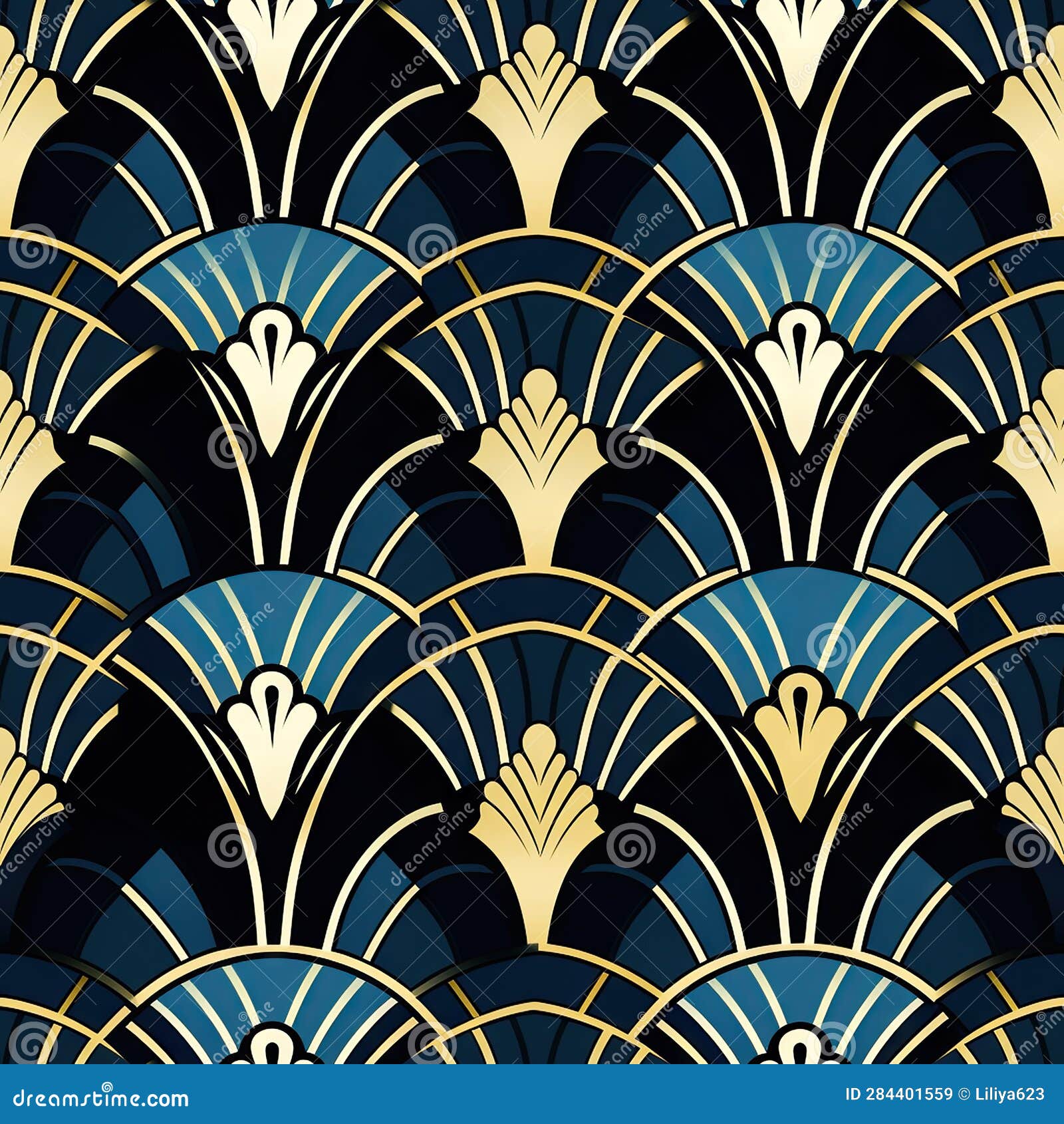 A Blue and Gold Vintage Art Deco Seamless Pattern. AI Stock ...