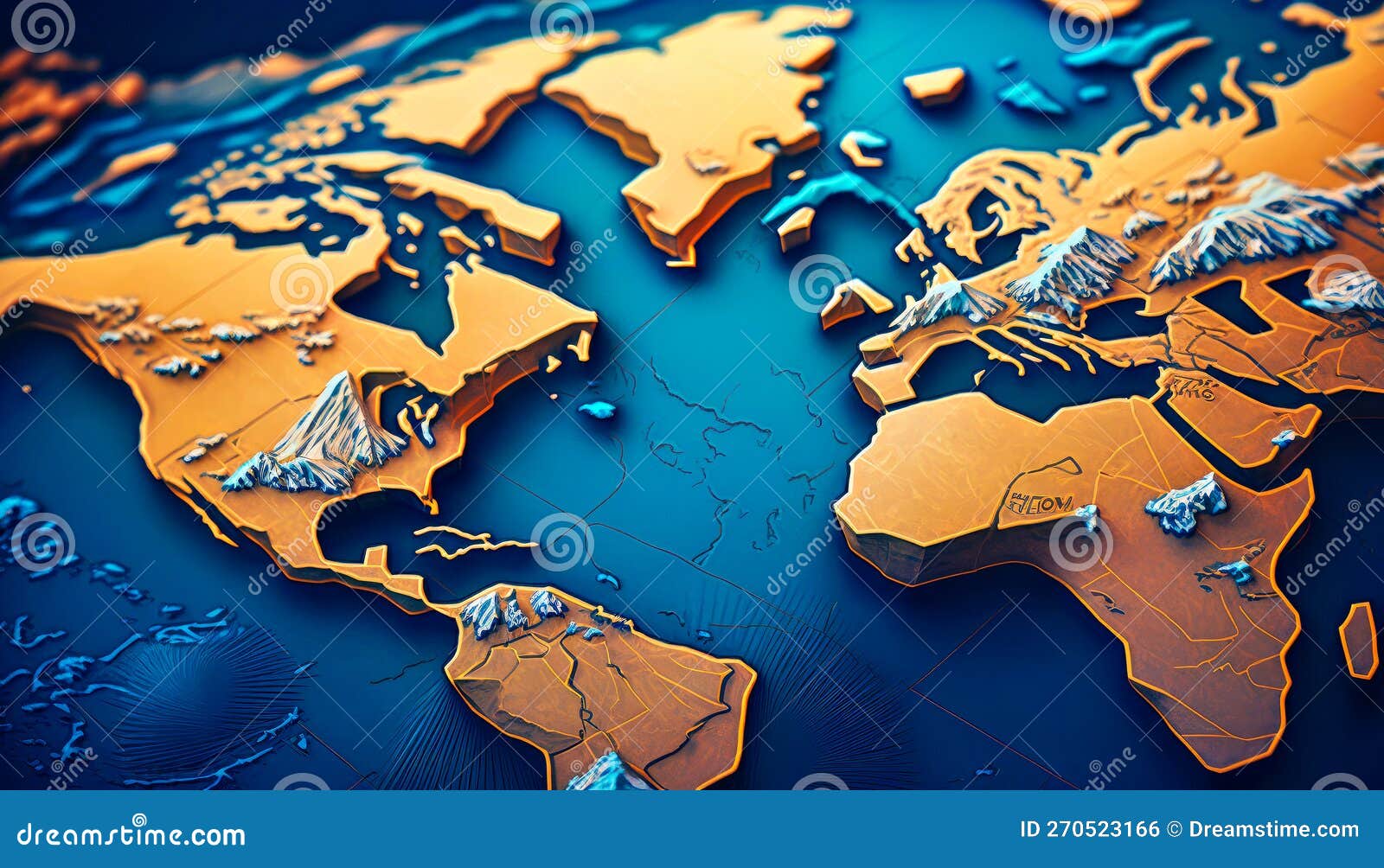 Blue and Gold World Map with Mountains Generative AI Stock Illustration ...