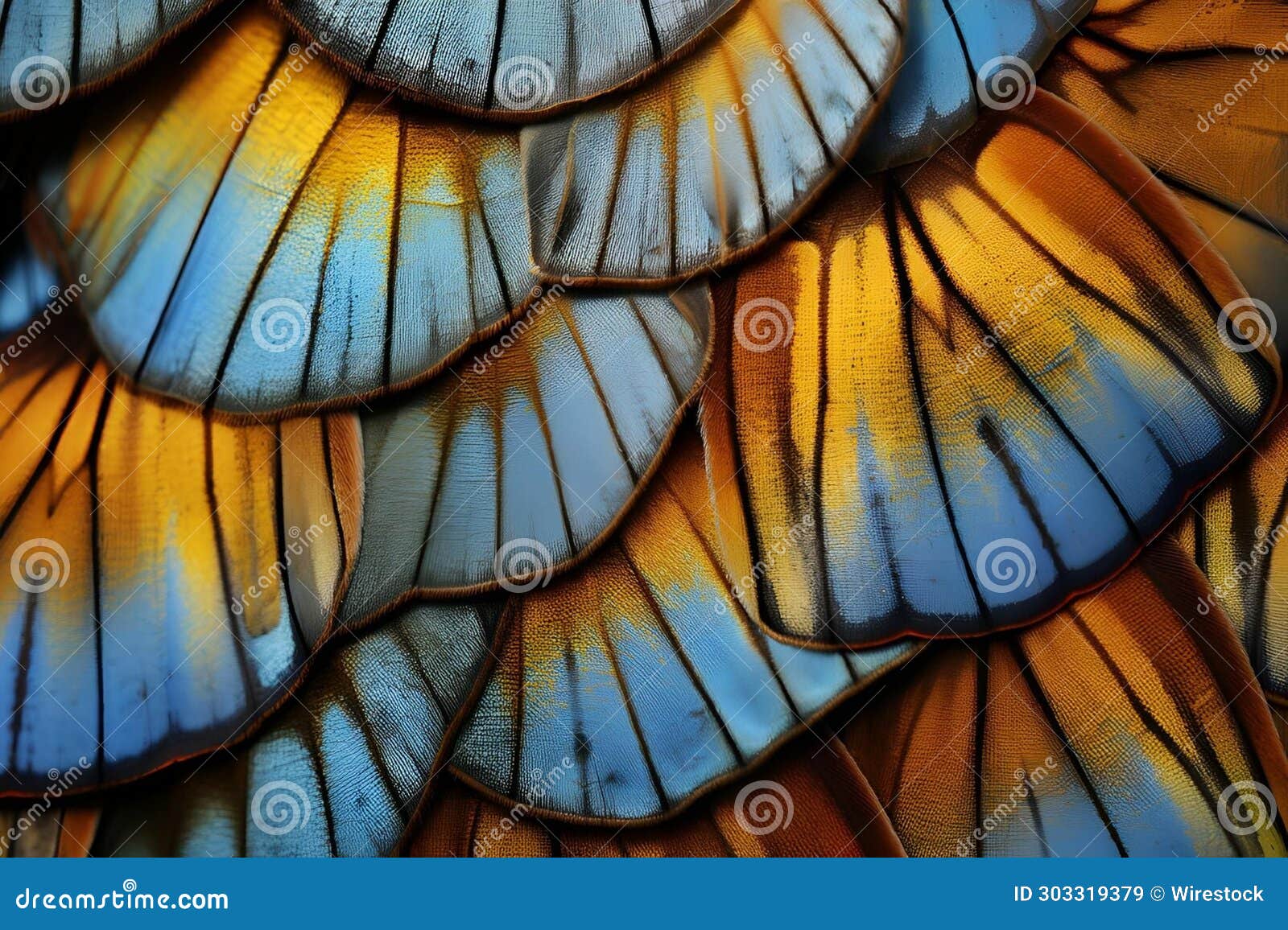Blue and Golden Wings Arranged in a Tiered Stack, Illuminated by a Soft ...