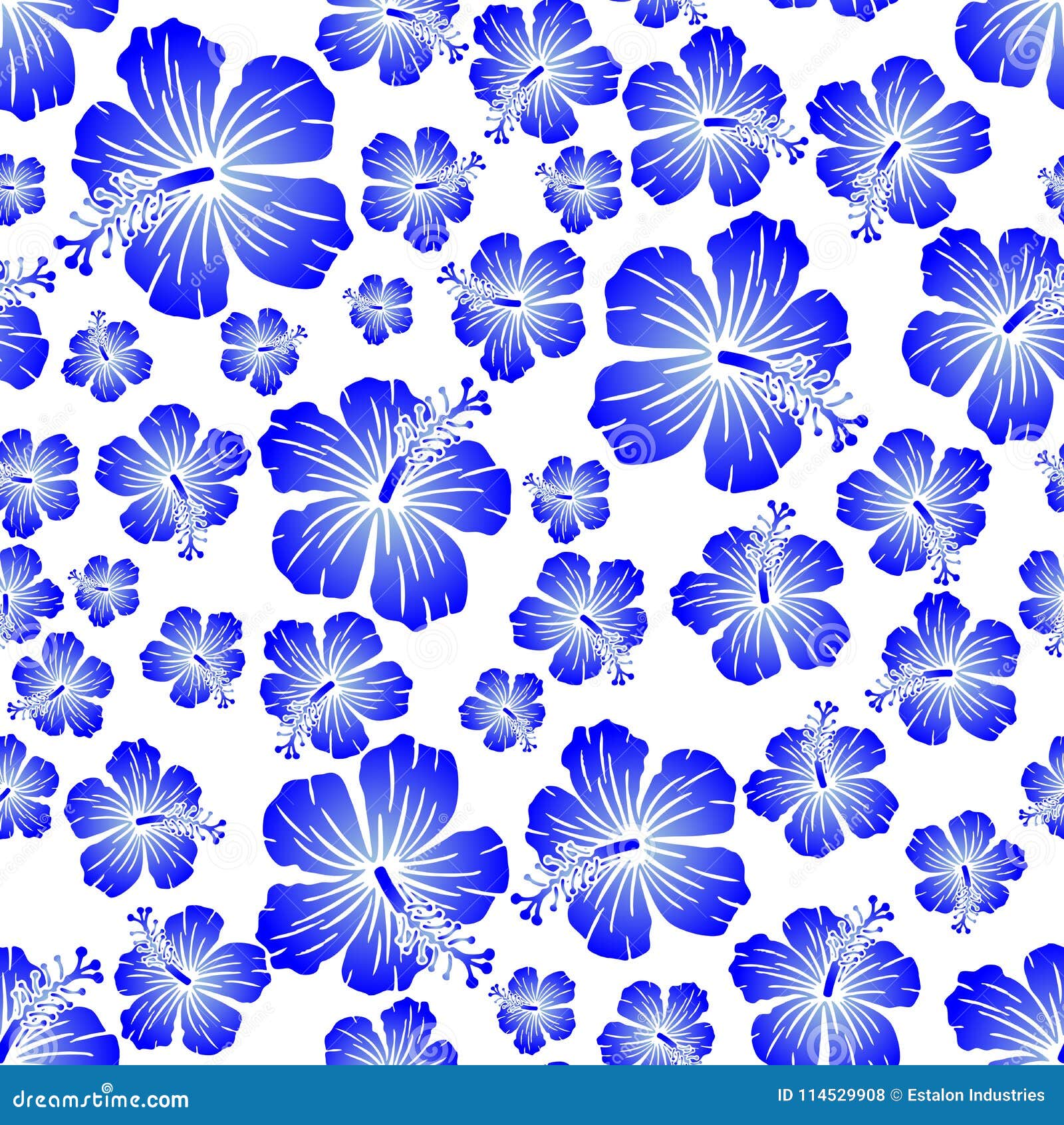 Blue Gradient On White Random Hibiscus Flower Seamless Repeat Pattern ...