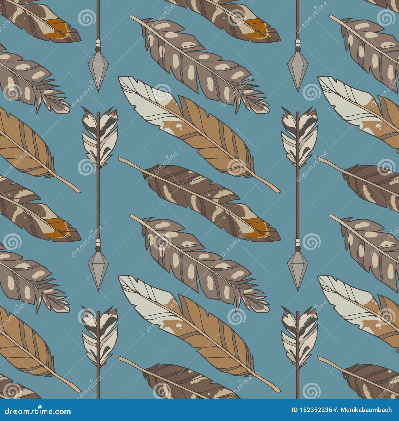 Blue Graphic Illustration Seamless Boho and Ethno Pattern with Natural ...