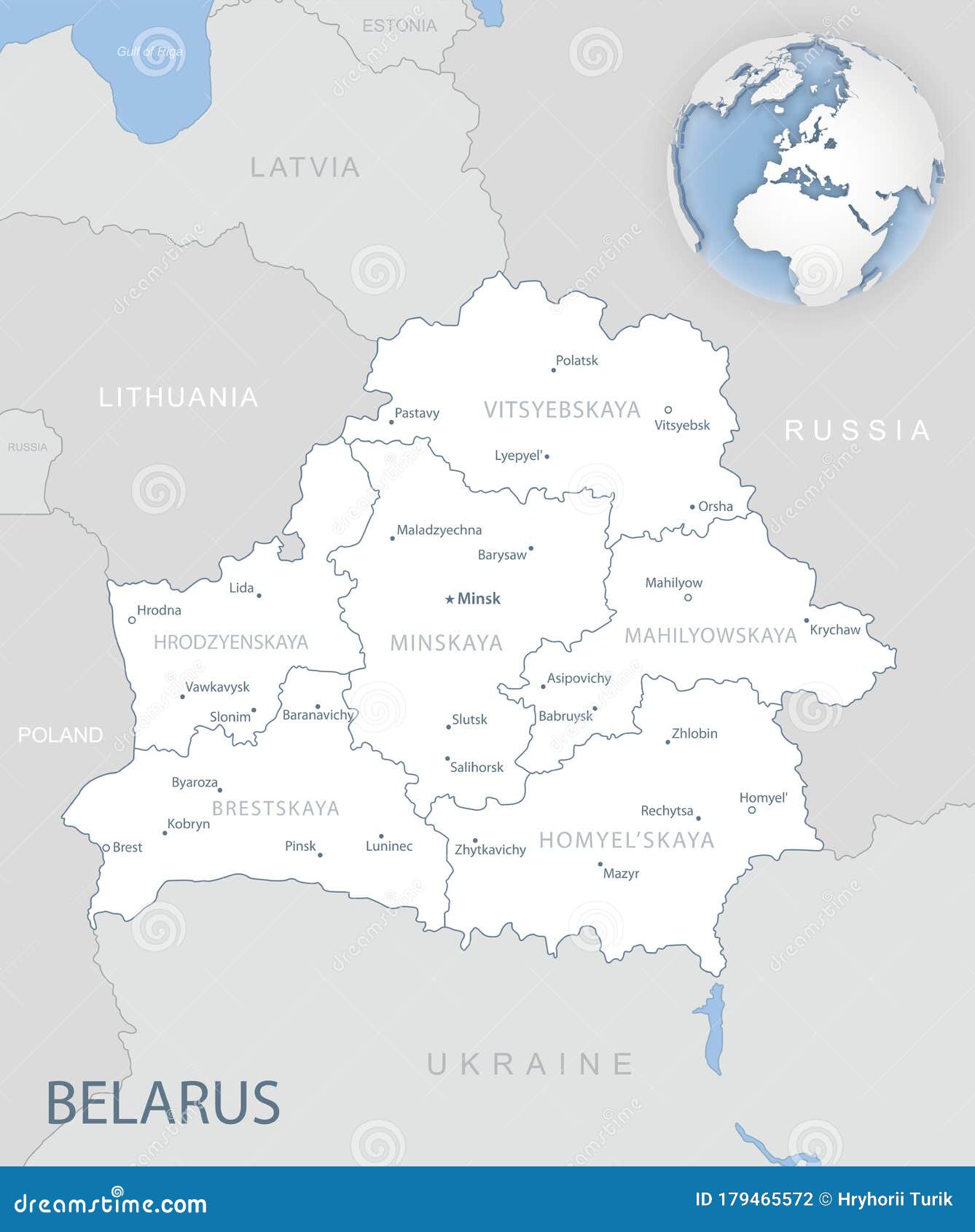 Blue-gray Detailed Map of Belarus and Administrative Divisions and ...
