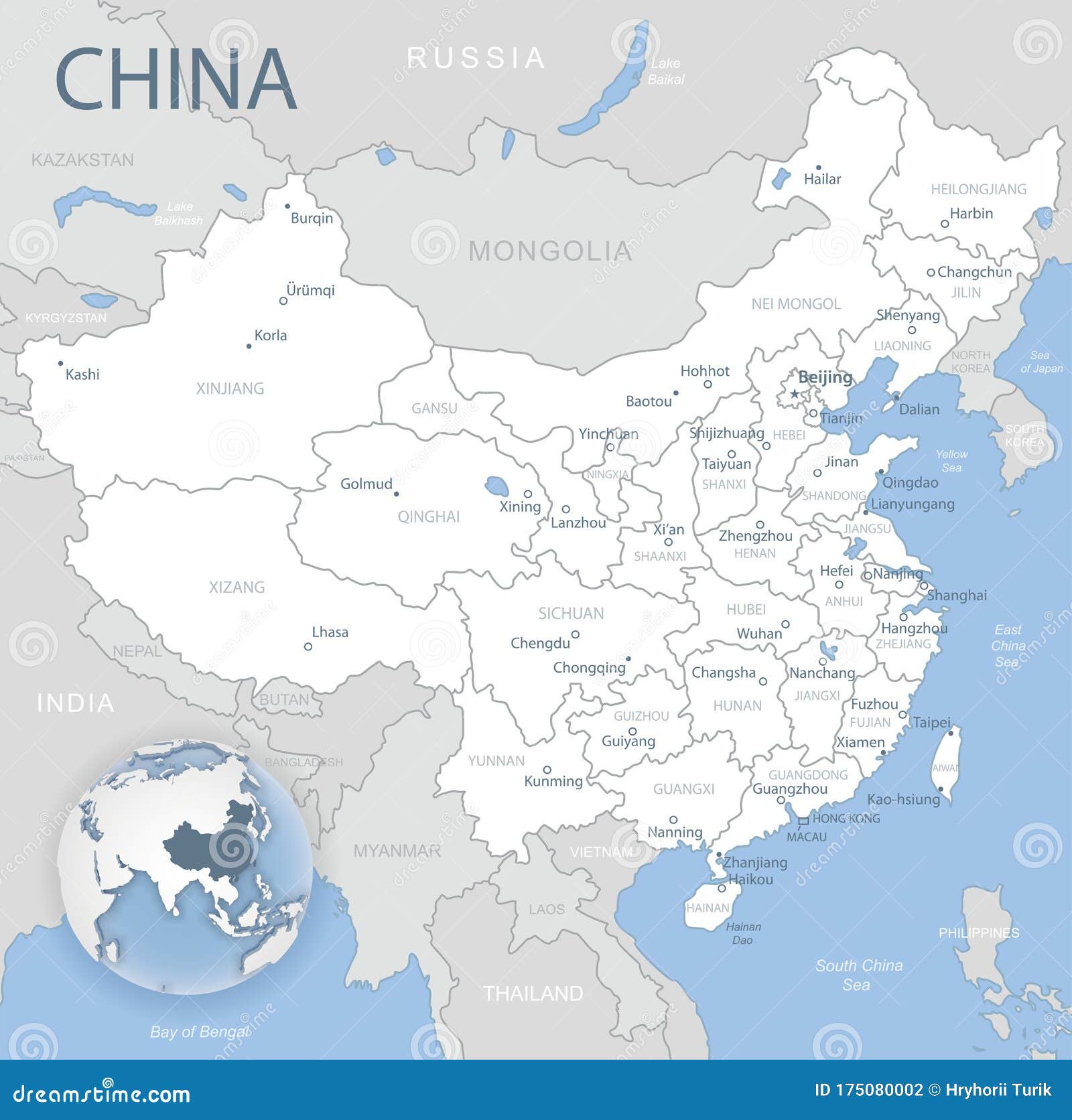 Blue-gray Detailed Map of China with Administrative Districts and ...