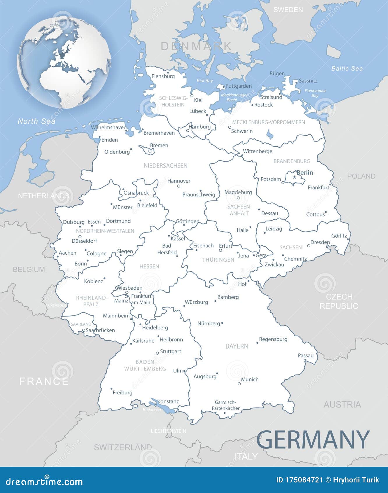 Blue-gray Detailed Map of Germany with Administrative Districts and ...