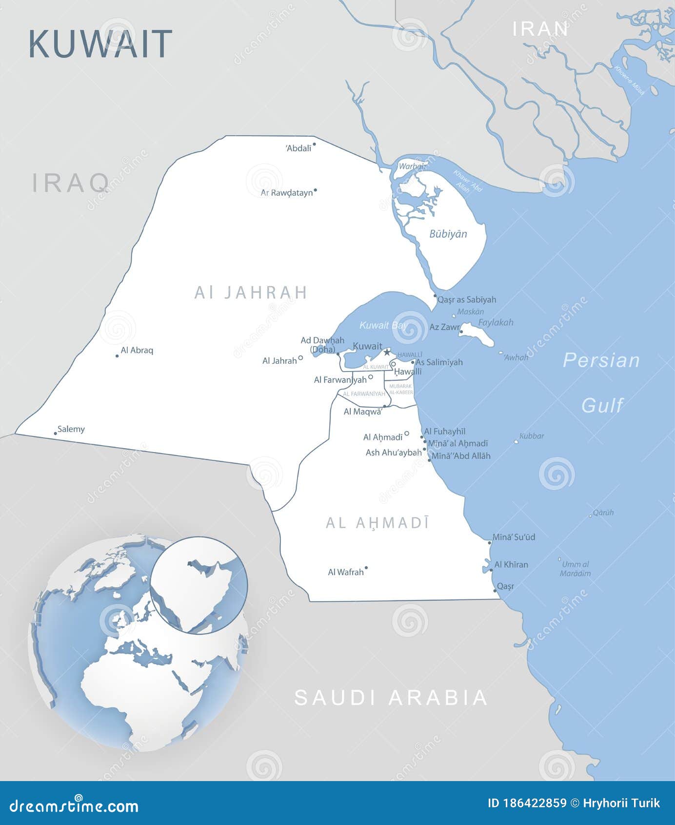 Blue-gray Detailed Map of Kuwait Administrative Divisions and Location ...