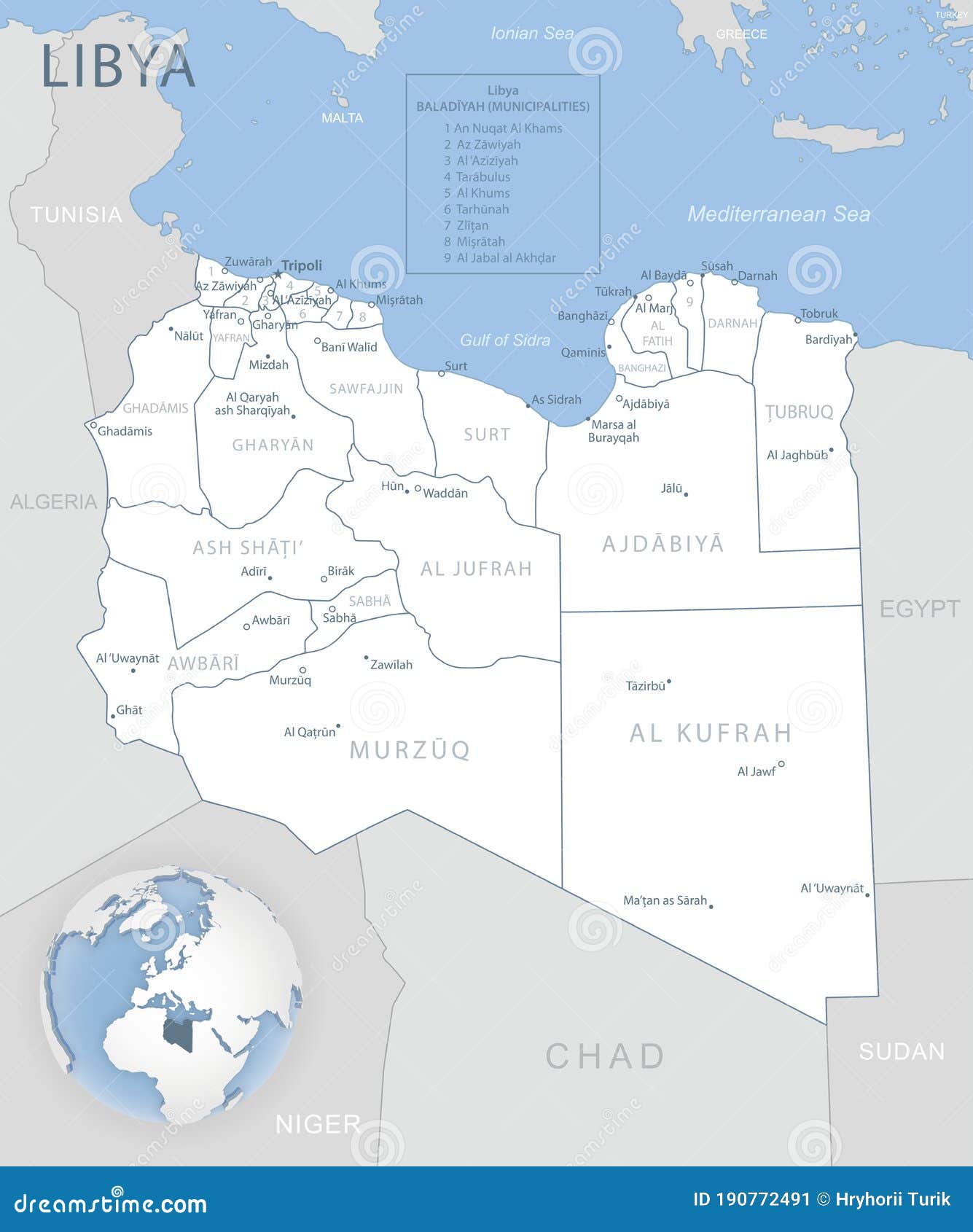 Blue Map Of Libya Administrative Divisions With Travel Infographic ...