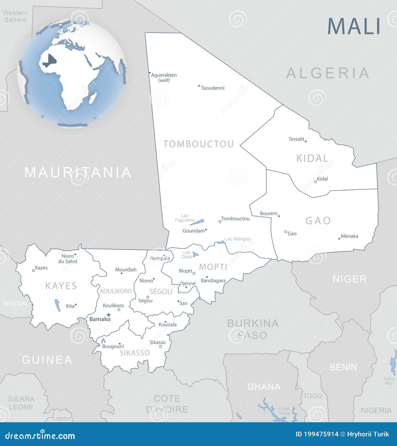 Blue-gray Detailed Map of Mali Administrative Divisions and Location on ...