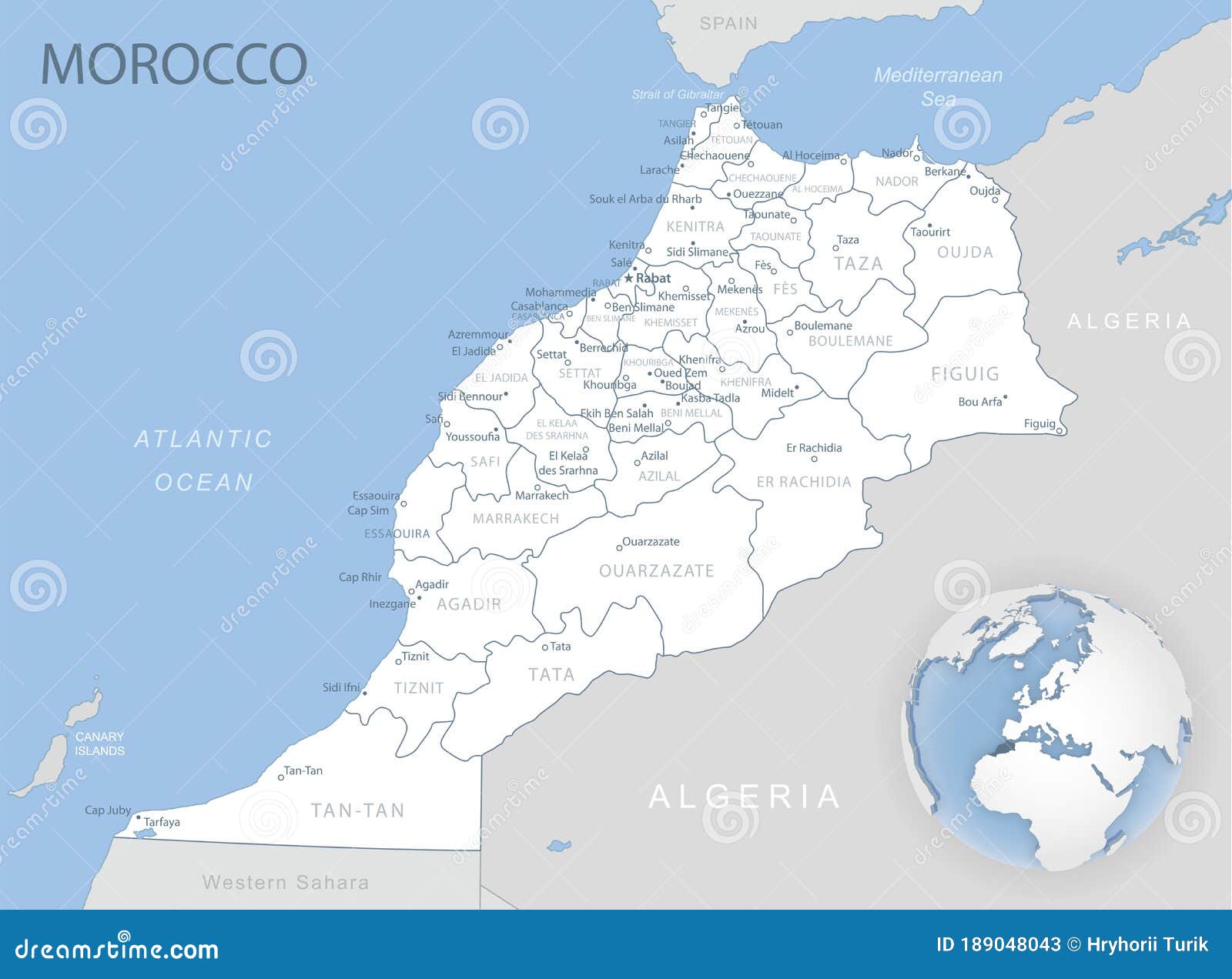 Blue-gray Detailed Map of Morocco Administrative Divisions and Location ...