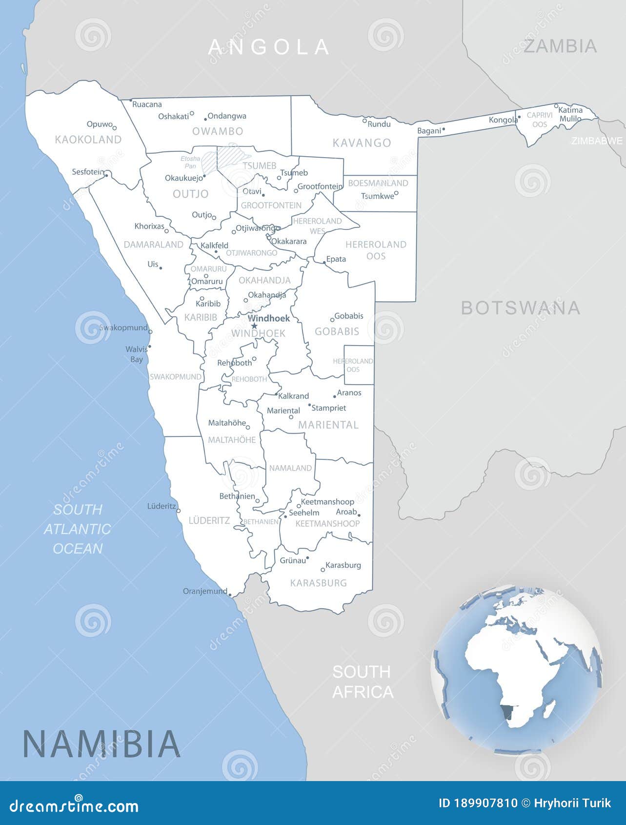 Blue-gray Detailed Map of Namibia Administrative Divisions and Location ...
