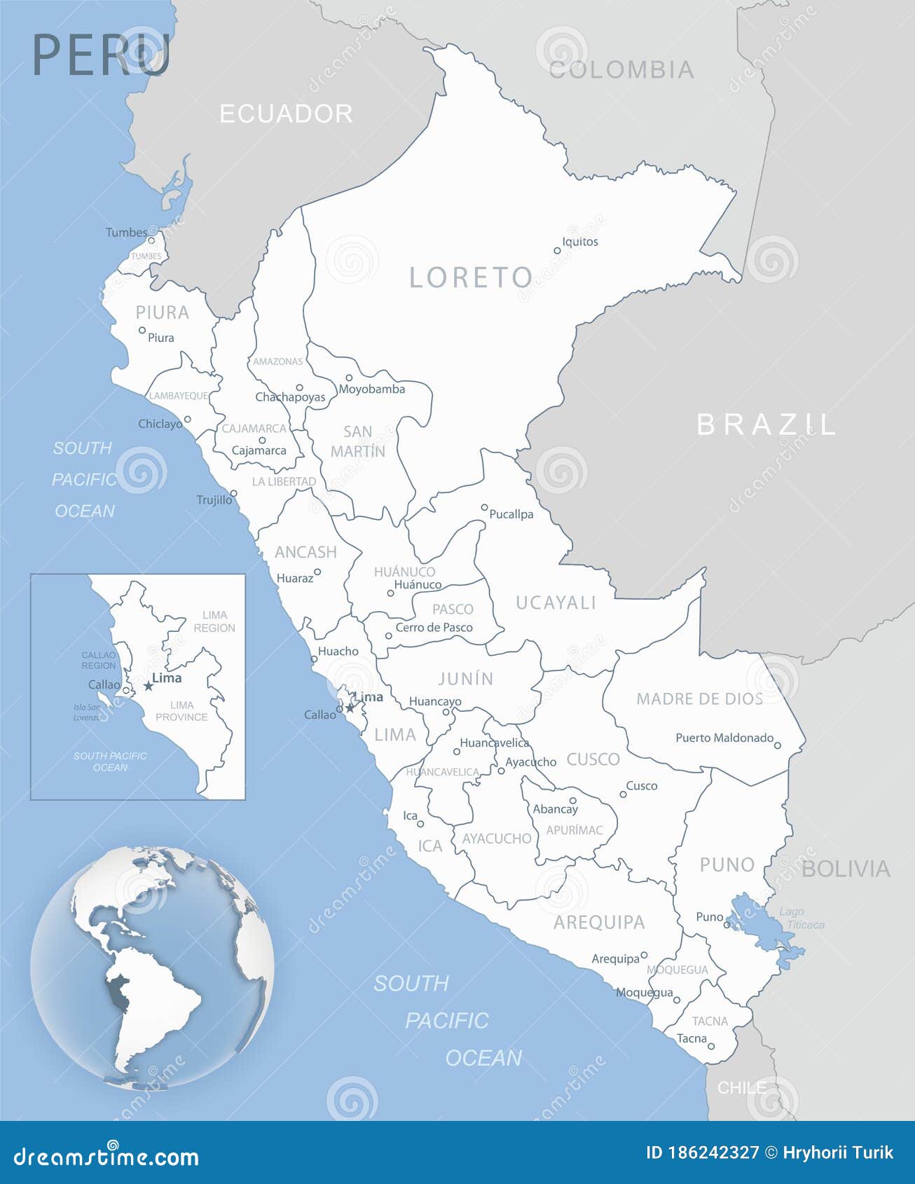 Blue-gray Detailed Map of Peru Administrative Divisions and Location on ...
