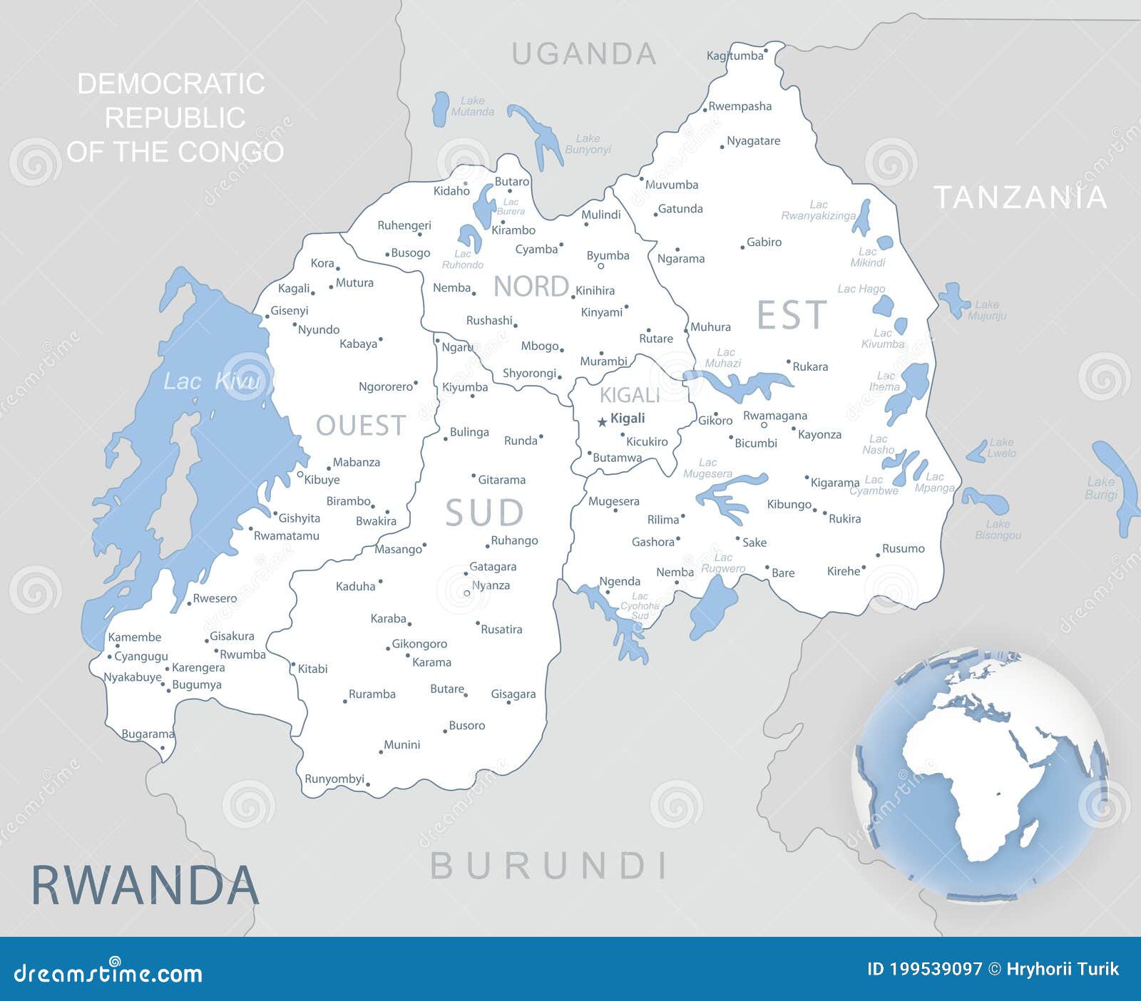 Blue-gray Detailed Map of Rwanda Administrative Divisions and Location ...