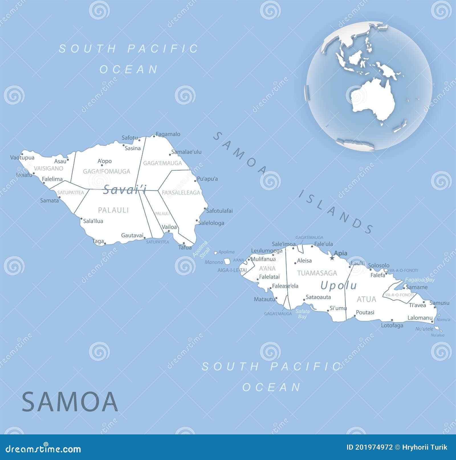 Blue-gray Detailed Map of Samoa Administrative Divisions and Location ...