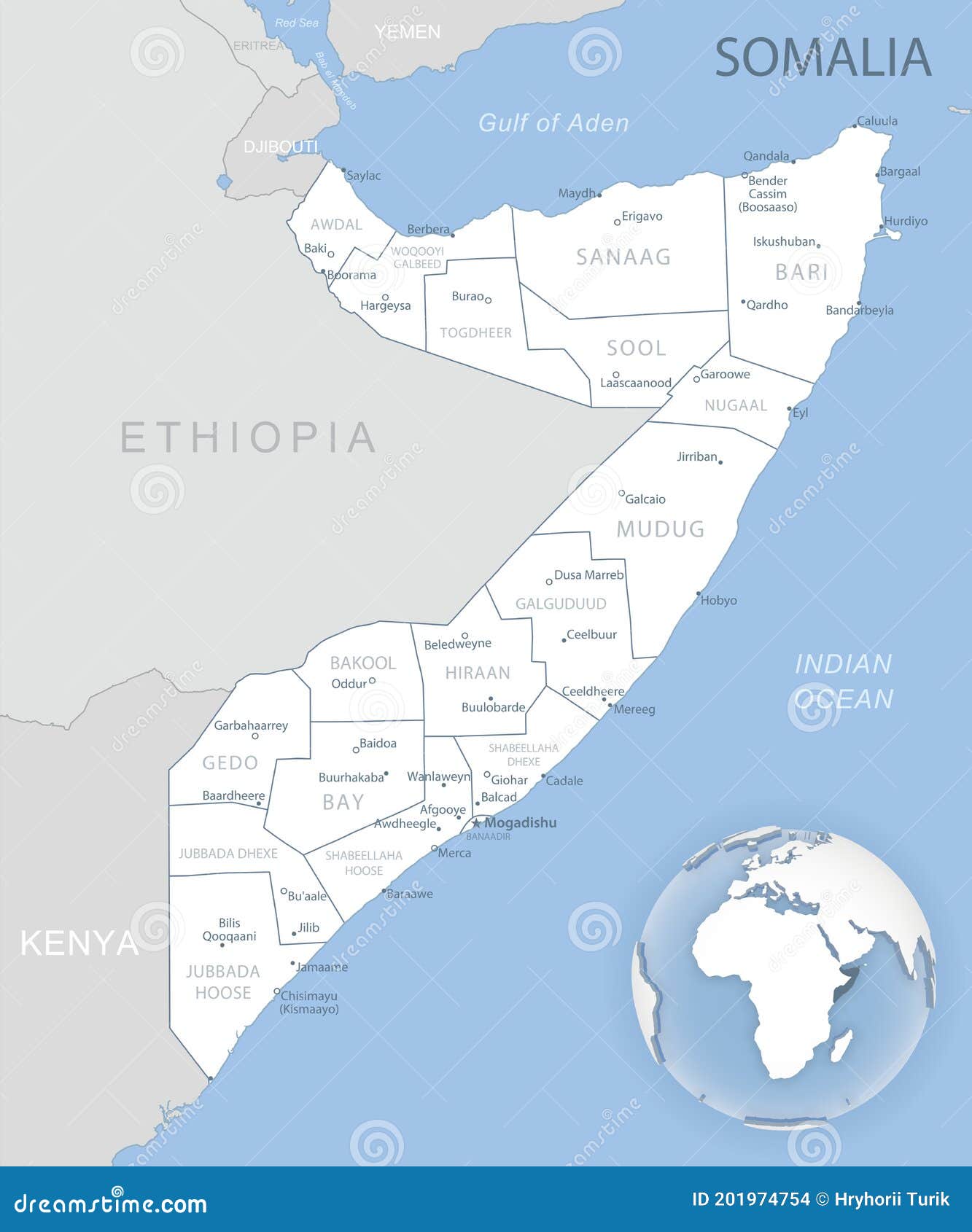 Blue-gray Detailed Map of Somalia Administrative Divisions and Location ...