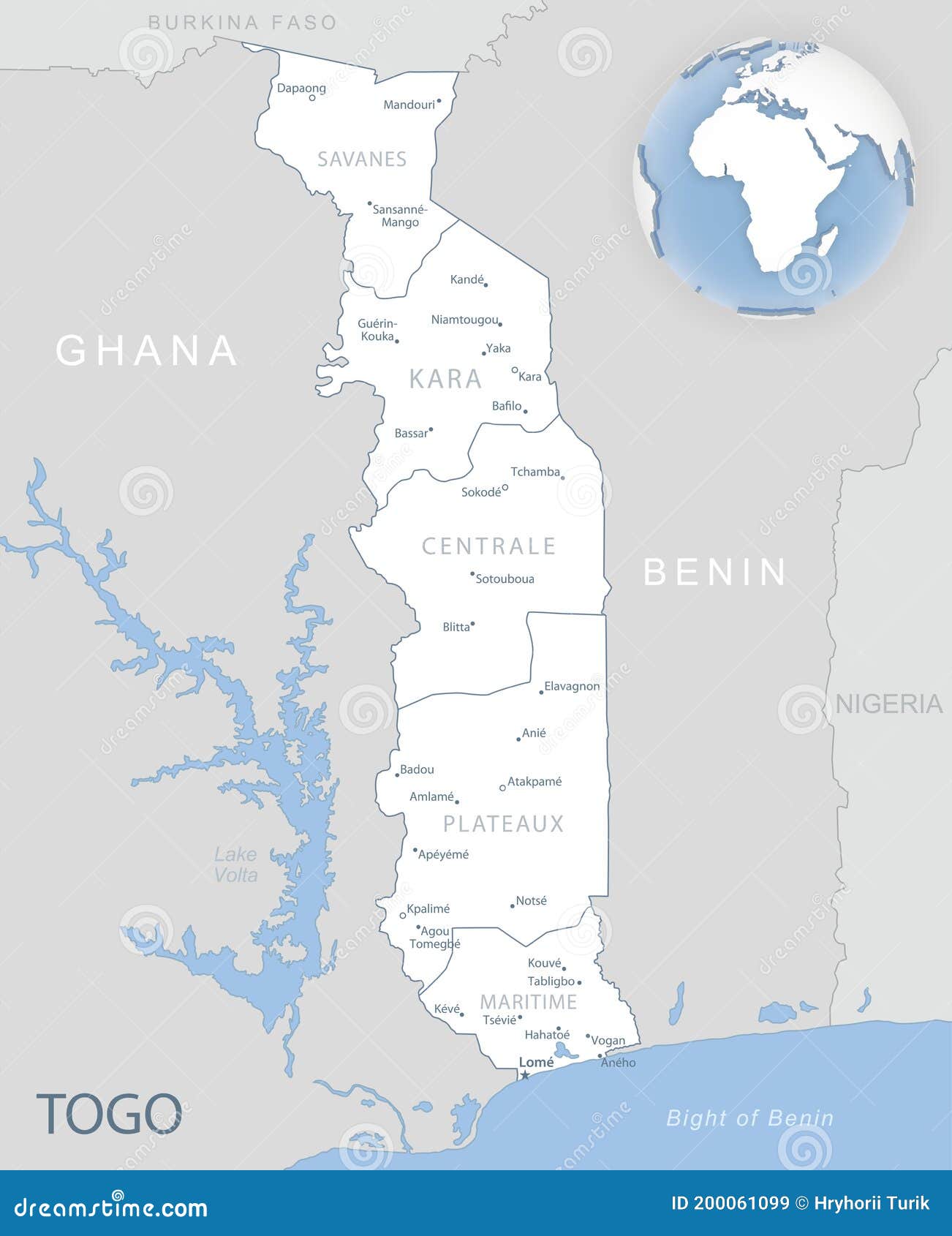 Blue-gray Detailed Map of Togo Administrative Divisions and Location on ...