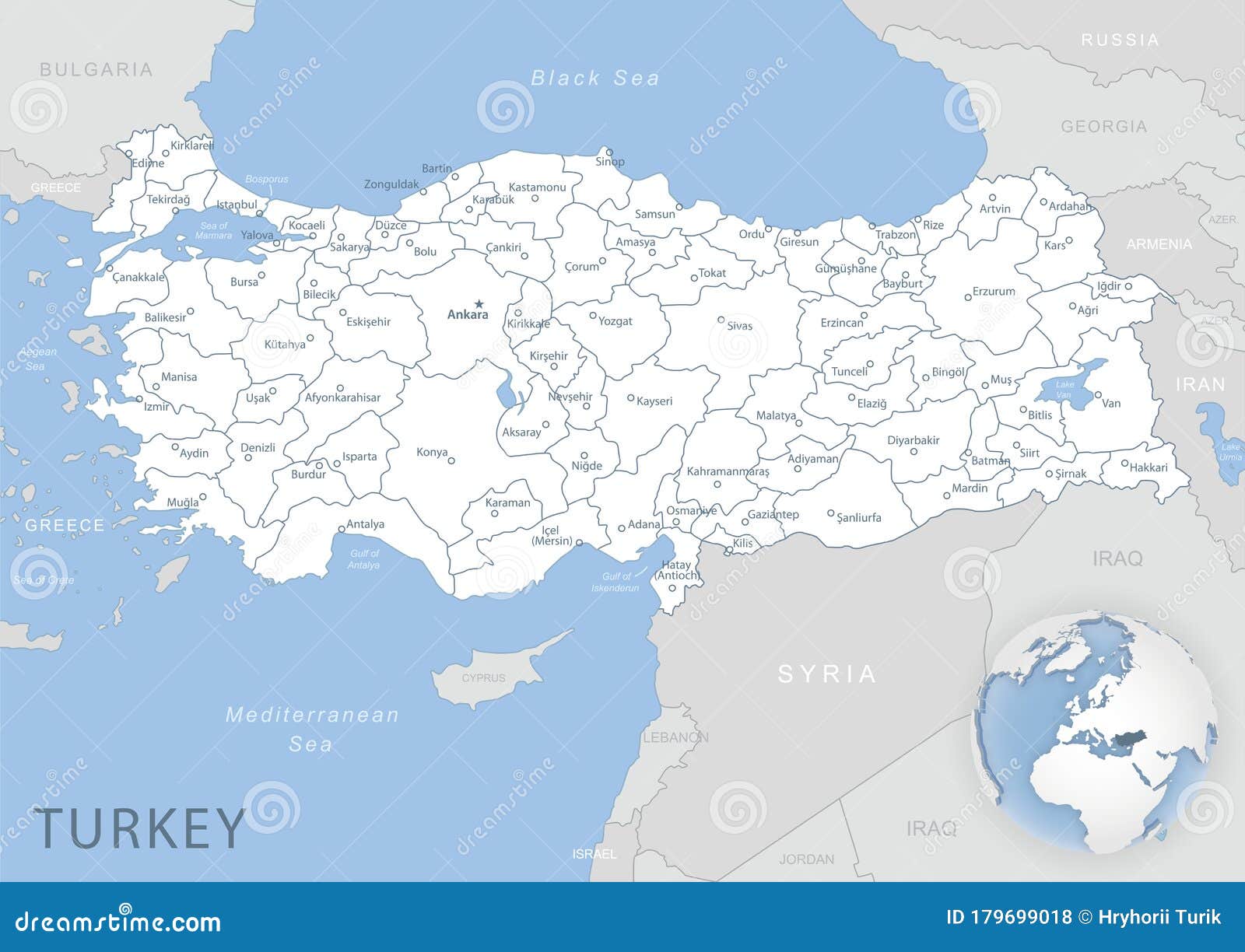 Blue-gray Detailed Map of Turkey and Administrative Divisions and ...