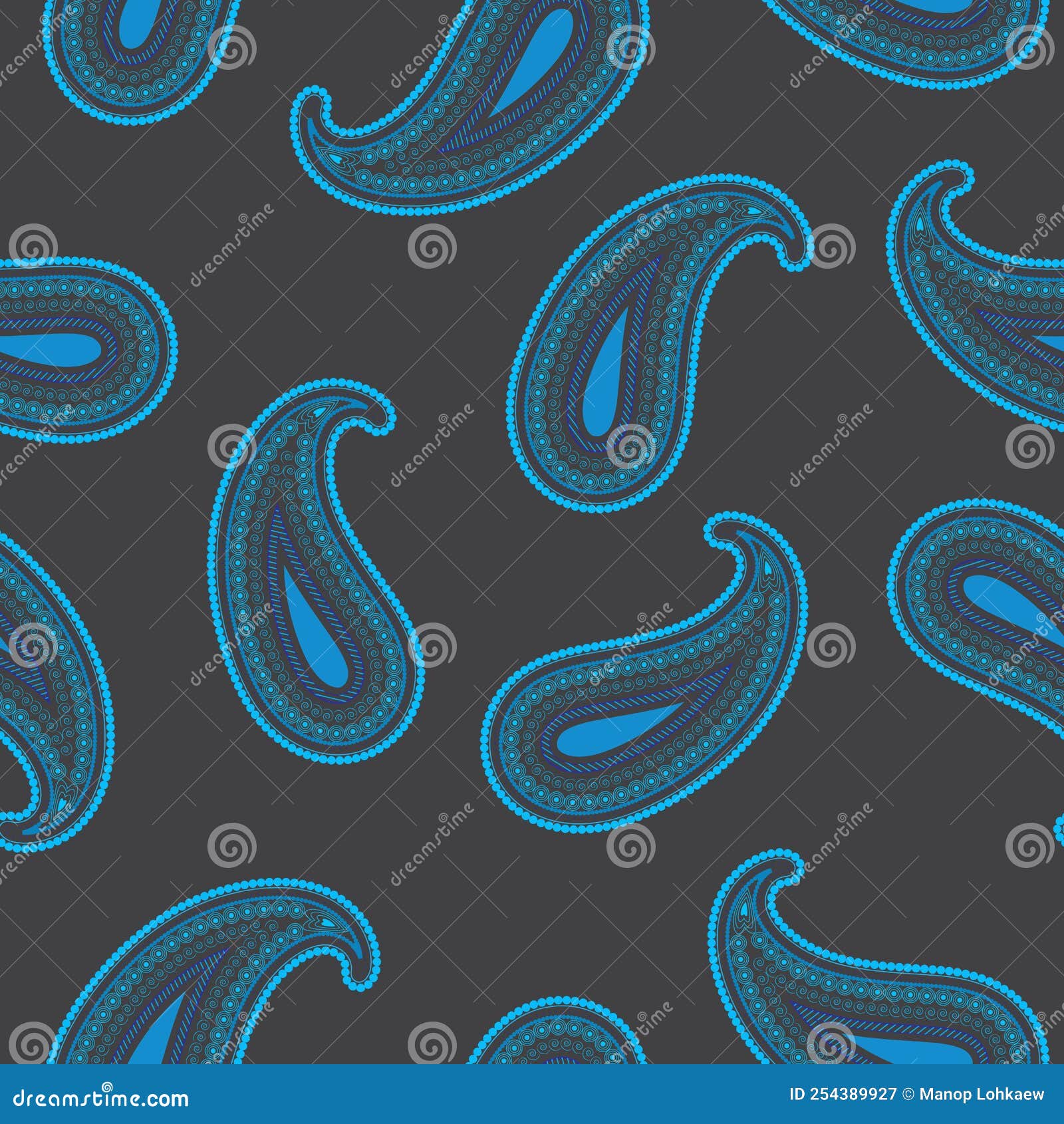 Blue on Gray Paisley Seamless Pattern Background Vector Illustration ...
