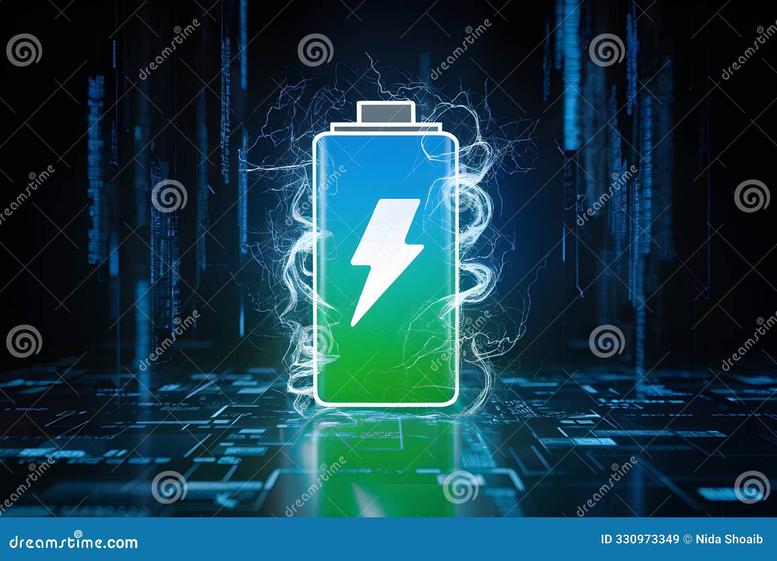 Blue and Green Battery with Digital Codes, Dark Environment, Electrical ...